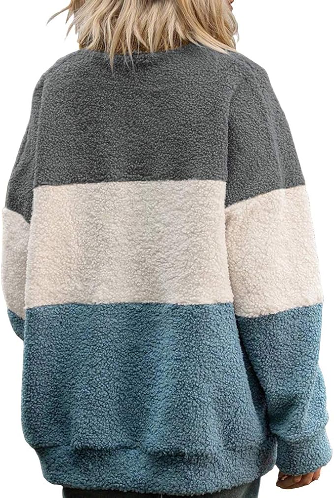 Women's Contrasting Color Block Round Neck Sweatshirt Fluffy Polar ...