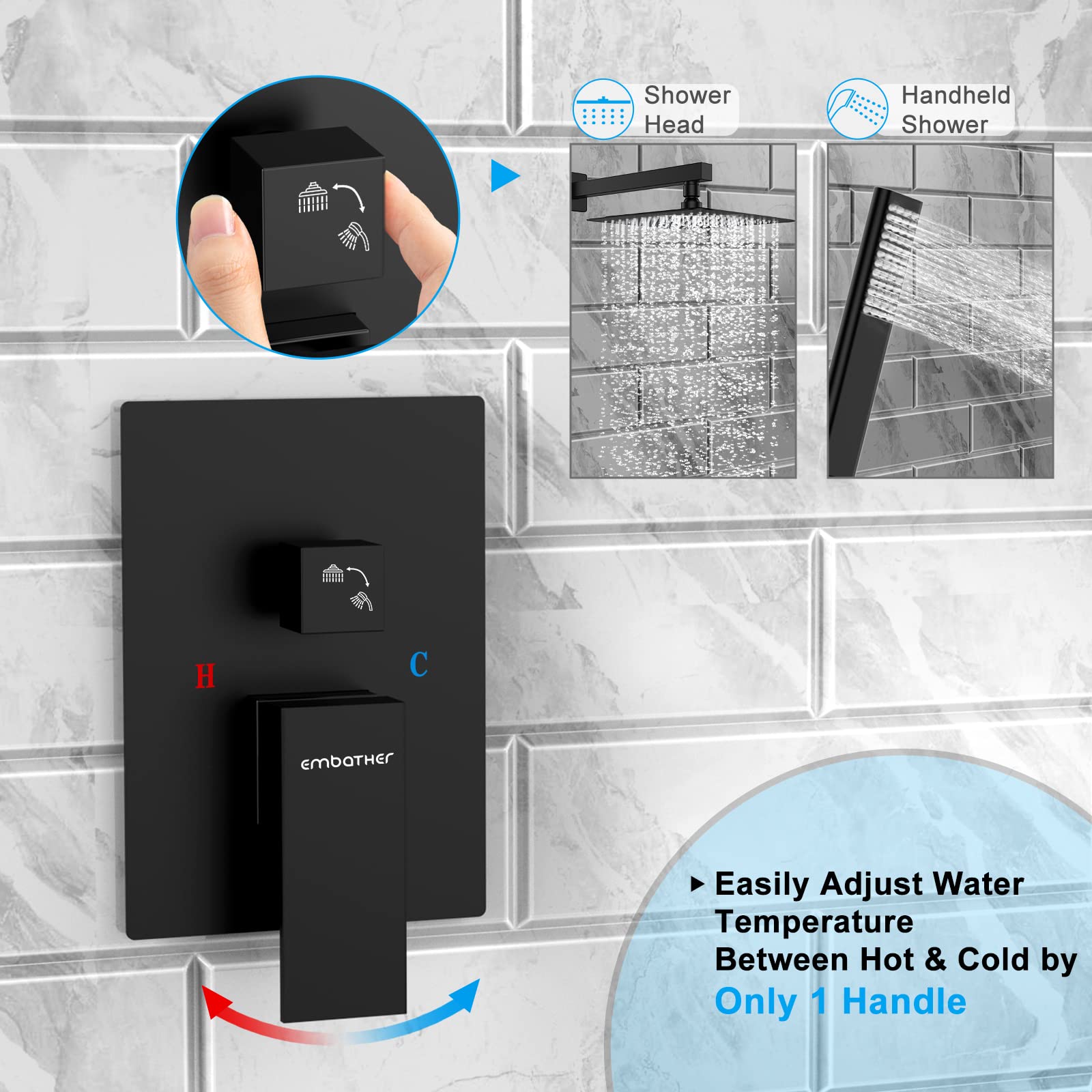 Mua Black Shower System Sets Faucet: EMBATHER 10 Inch Overhead Rainhead ...