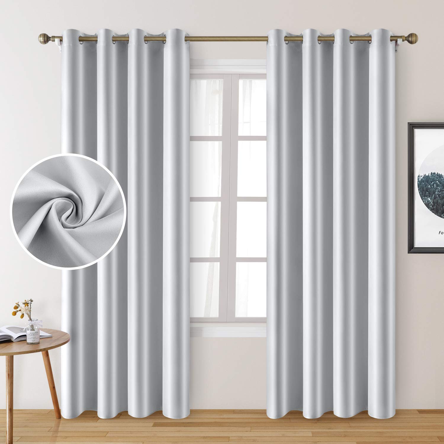 HOMEIDEAS 2 Panels Greyish White Faux Silk Blackout Curtains, 52 X 96 ...