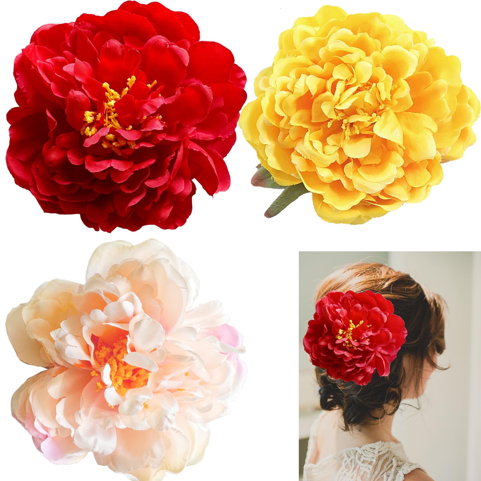 RrUuIiEn Peony Flowers for Hair 5.5-Inch Hair Flowers Clips 3 PCS Pink ...