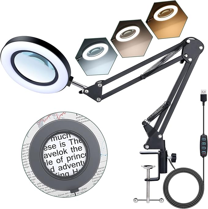 10X Desk Magnifying Glass Lamp Magnifying Glass with Light and Stand, 3 ...