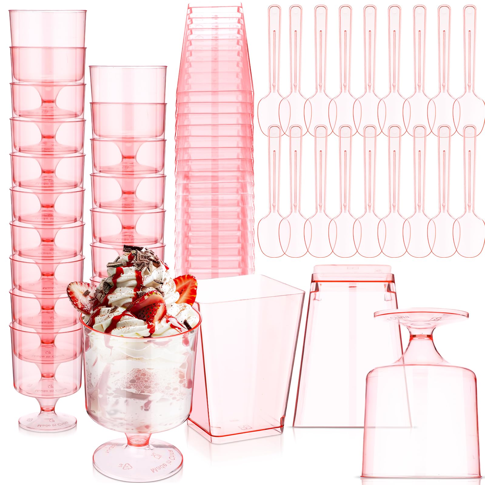 Funnymoom 100 Pcs Pink Dessert Cups with Spoons Mini Clear Plastic ...