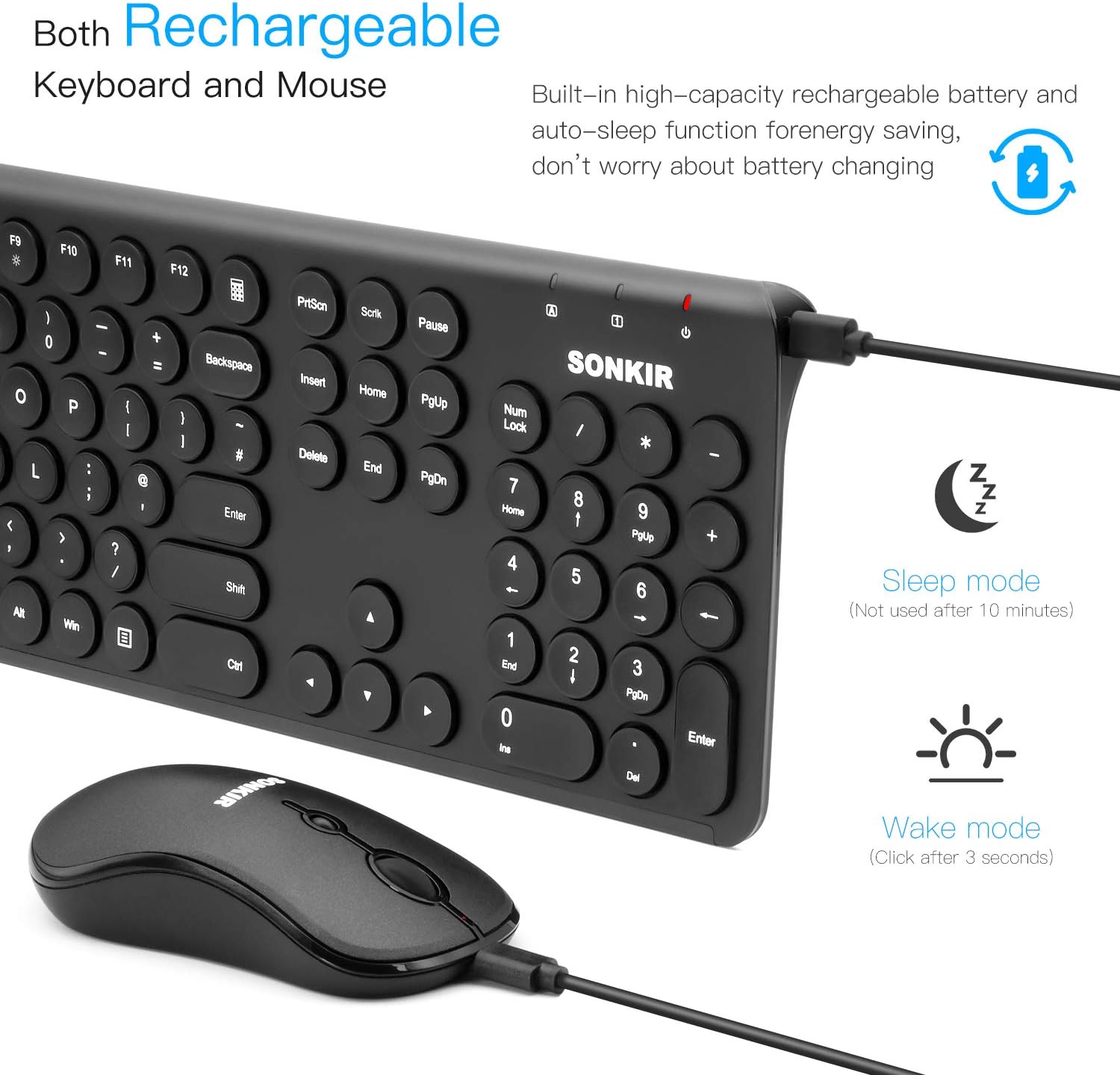 Wireless Keyboard and Mouse Set, Sonkir Rechargeable Full-size Compact Keyboard with Numeric ...