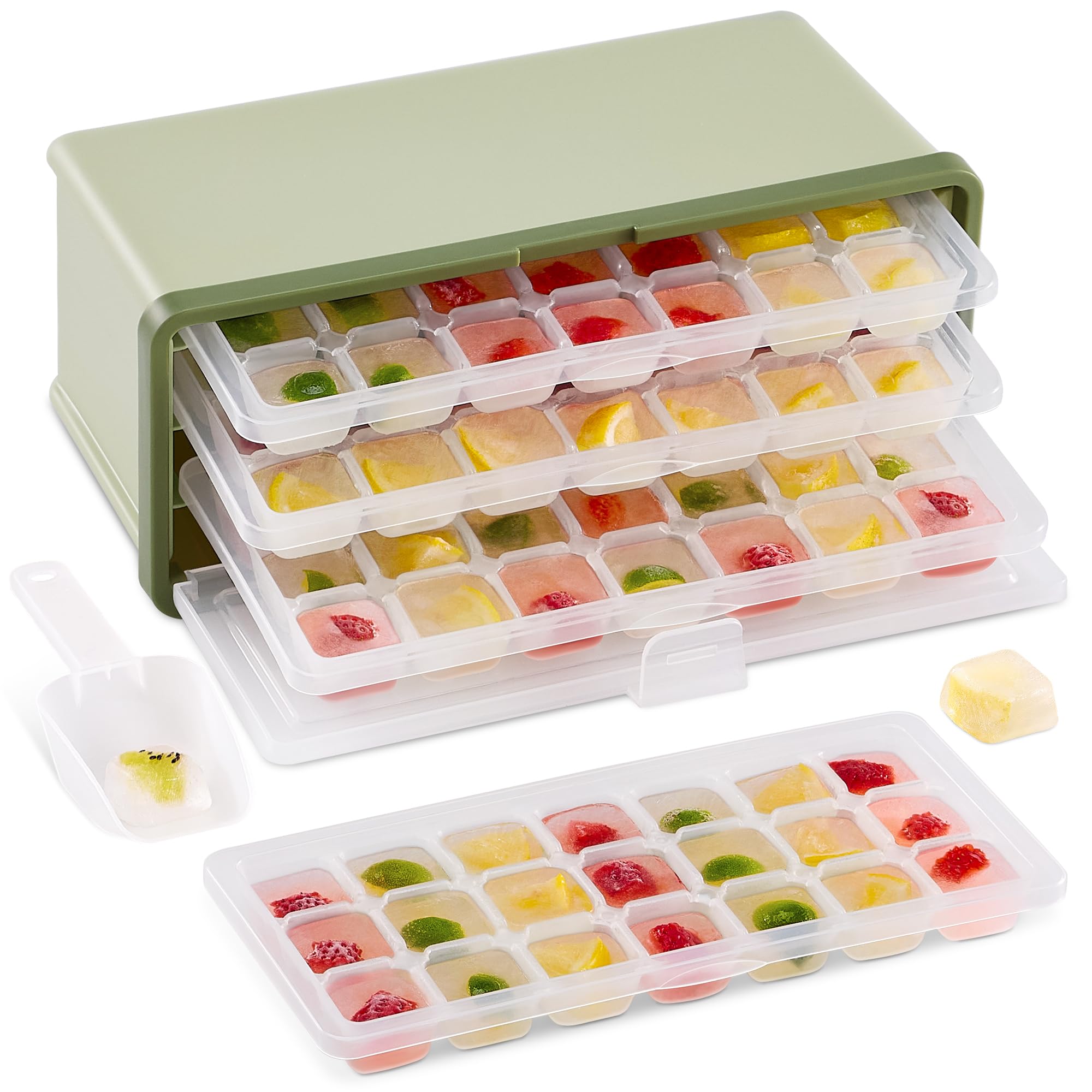 Ice Cube Tray with Lid, Ice Cube Trays Box for Freezer with bin, Easy ...