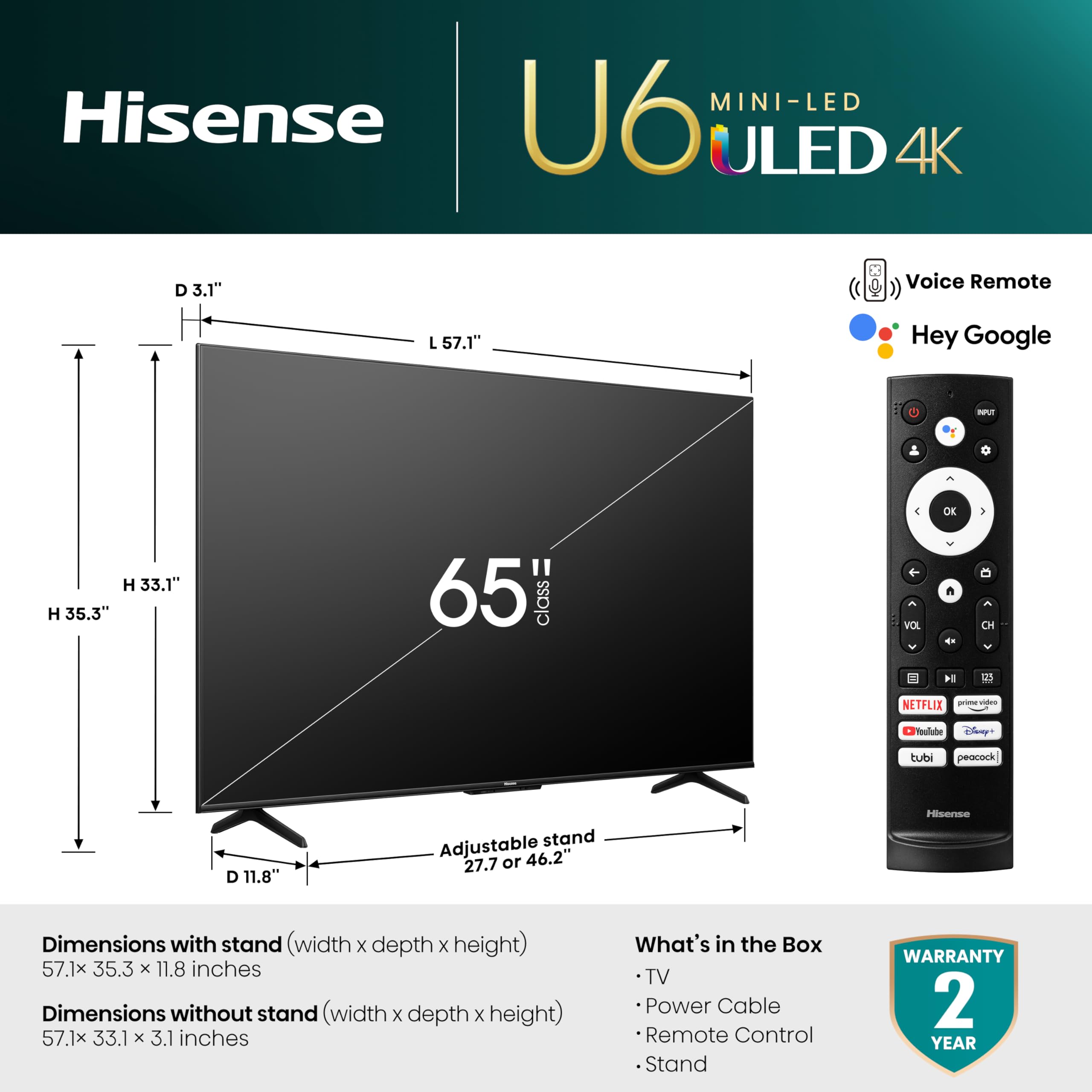 Hisense 65-Inch Class U6 Series Mini-LED ULED 4K UHD Google Smart TV (65U6K) - QLED, Full Array ...