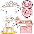 Amazon.com: Rose Gold Rhinestone Crown Tiara, 8th Birthday Sash, Cake Topper, Number Candles ...