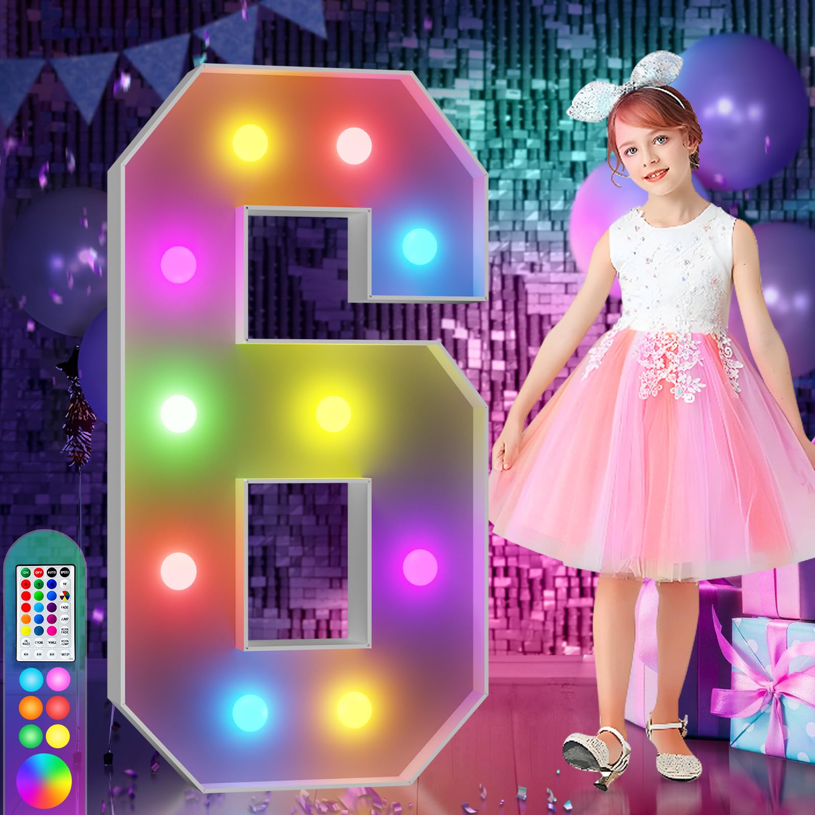 imprsv 4FT Colorful Marquee Numbers,18 Colors Number 6 with Remote ...