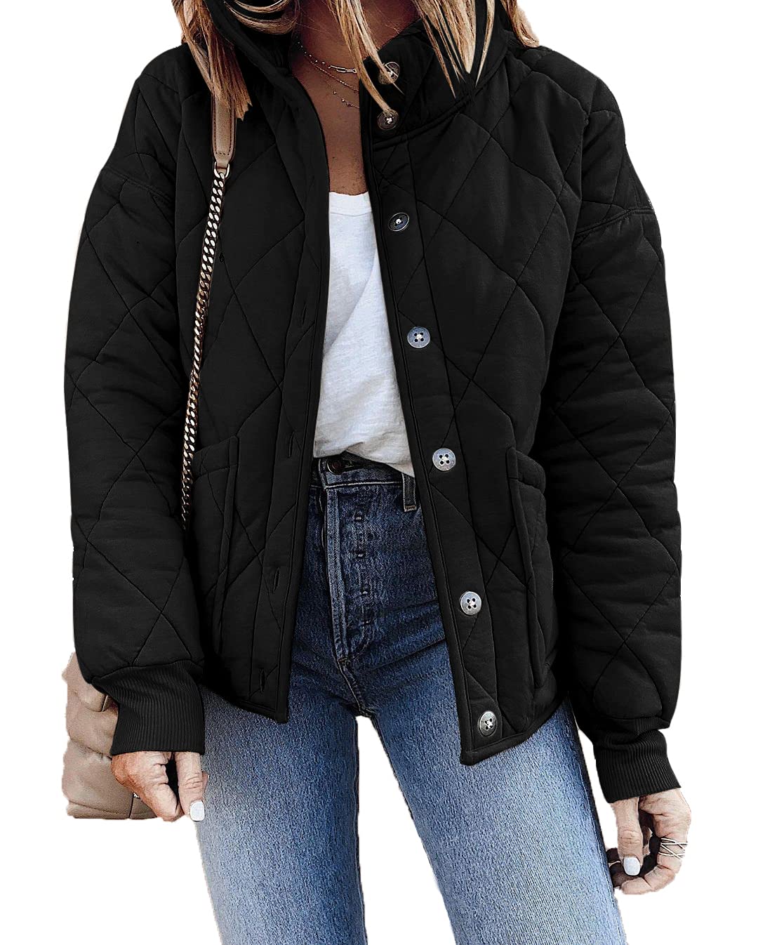 Womens Dolman Quilted Jackets Casual Button Down Winter Long Sleeve Stand Neck Lightweight Warm ...