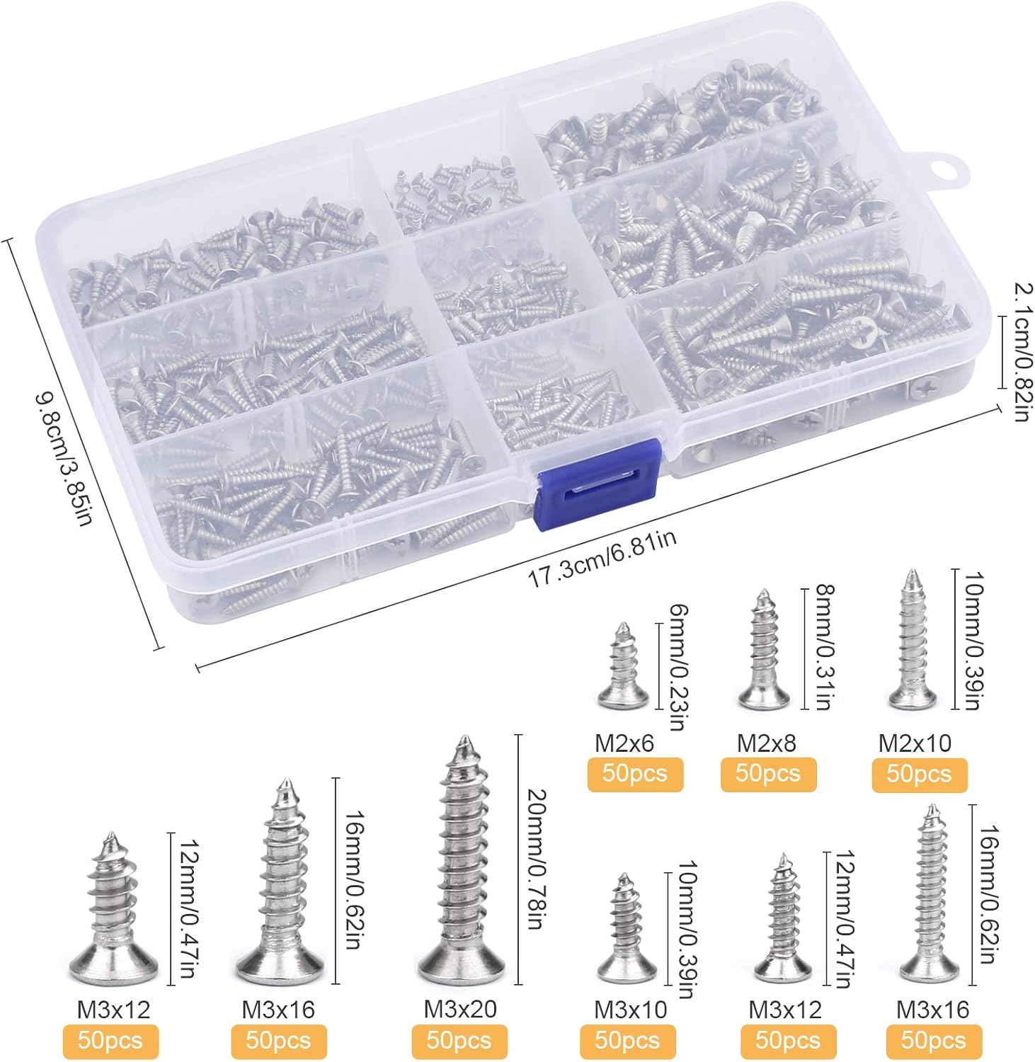 450Pcs M2 M3 M4 Phillips Flat Head Self-Tapping Screws Assortment Kit, 304 Stainless Steel Cross ...