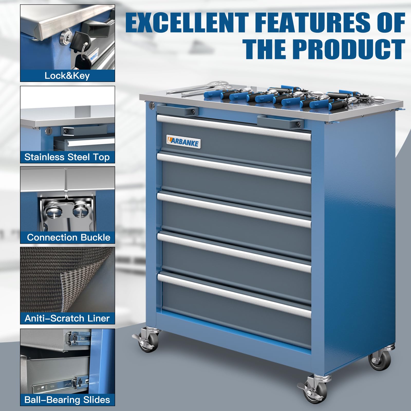 LARBANKE 5-Drawer Rolling Tool Chest,Tool Chest On Wheels And Keyed ...