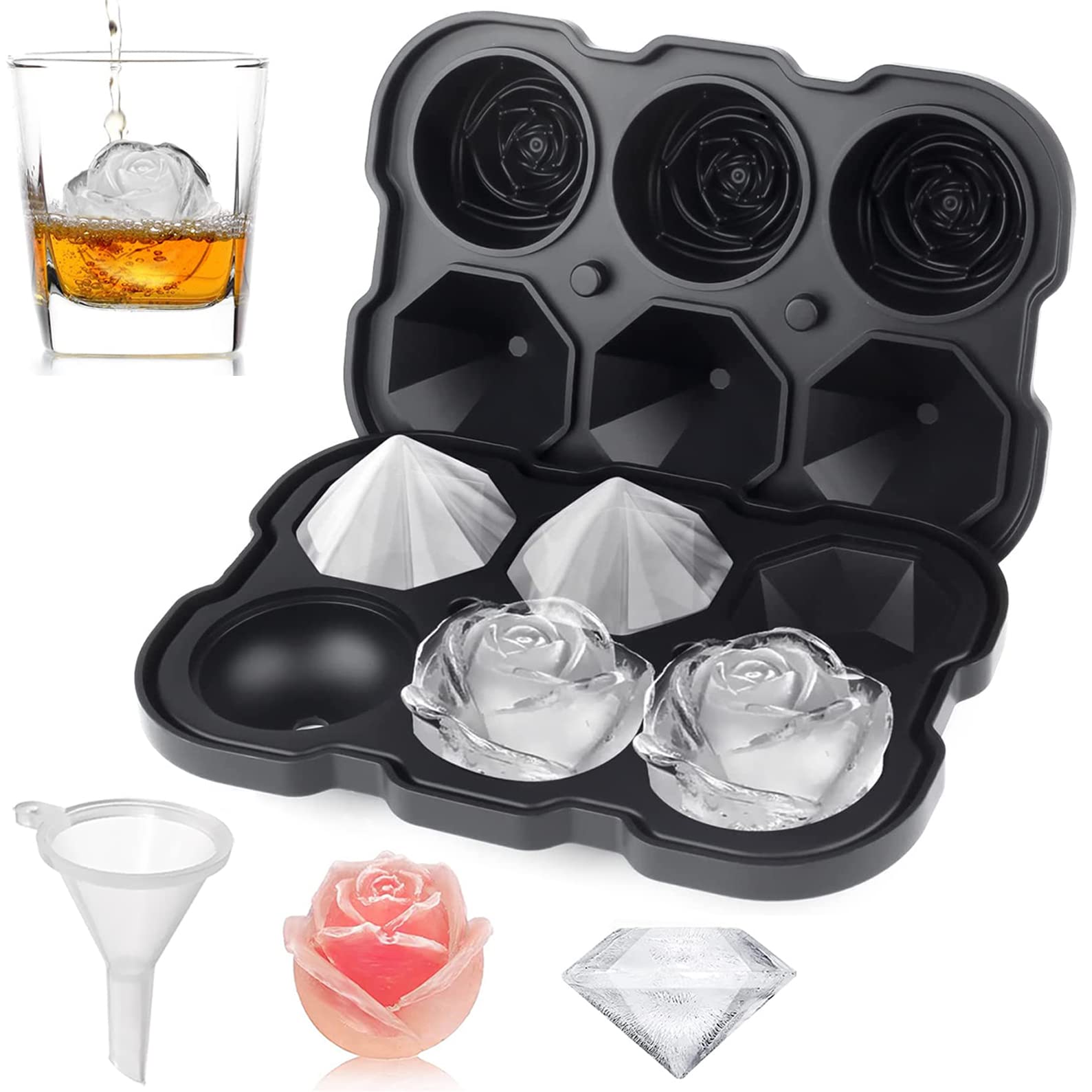 Ice Cube Tray, Mikiwon 2 inch Rose Ice Cube Trays With Covers, 3 Cavity ...