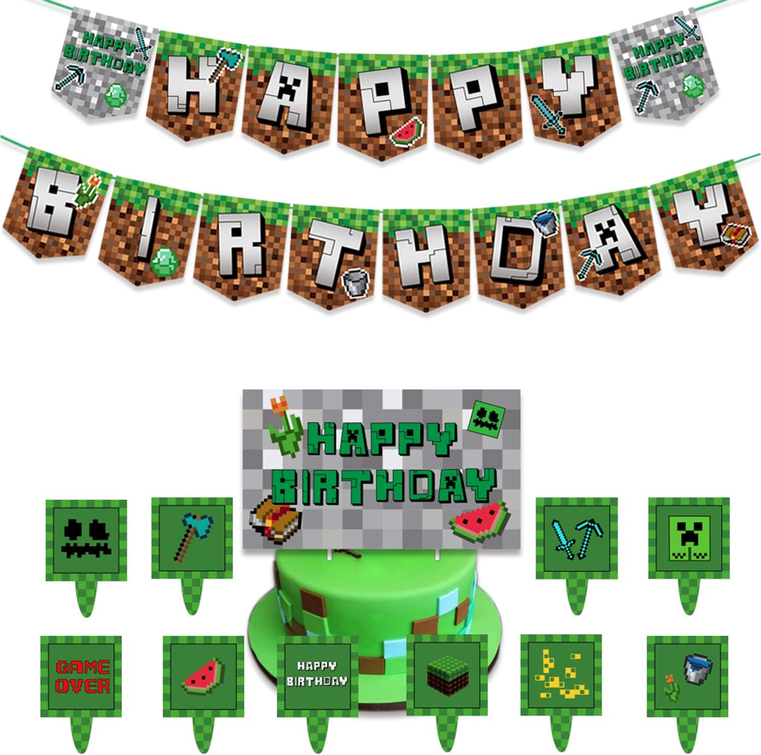 DWTECH Pixel Gaming Party Supplies- Including Happy Birthday Banner ,Video Game Party Balloons ...