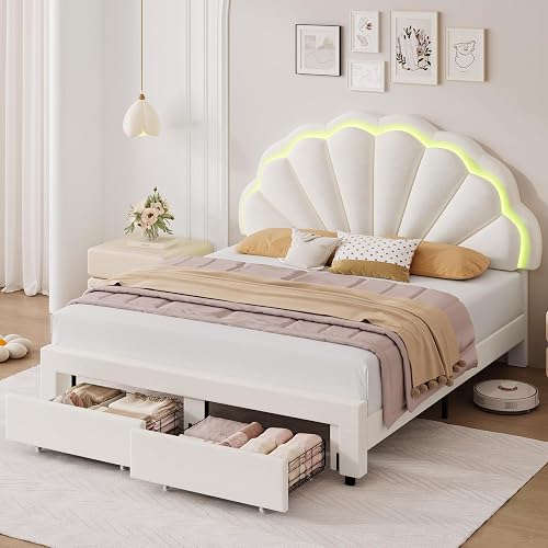 HIFIT Full Size Upholstered Smart LED Bed Frame with 2 Storage Drawers ...