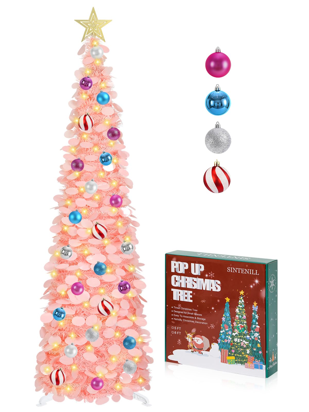 SINTENILL 5 FT Pop Up Christmas Tree with Timer Lights and Decorations ...