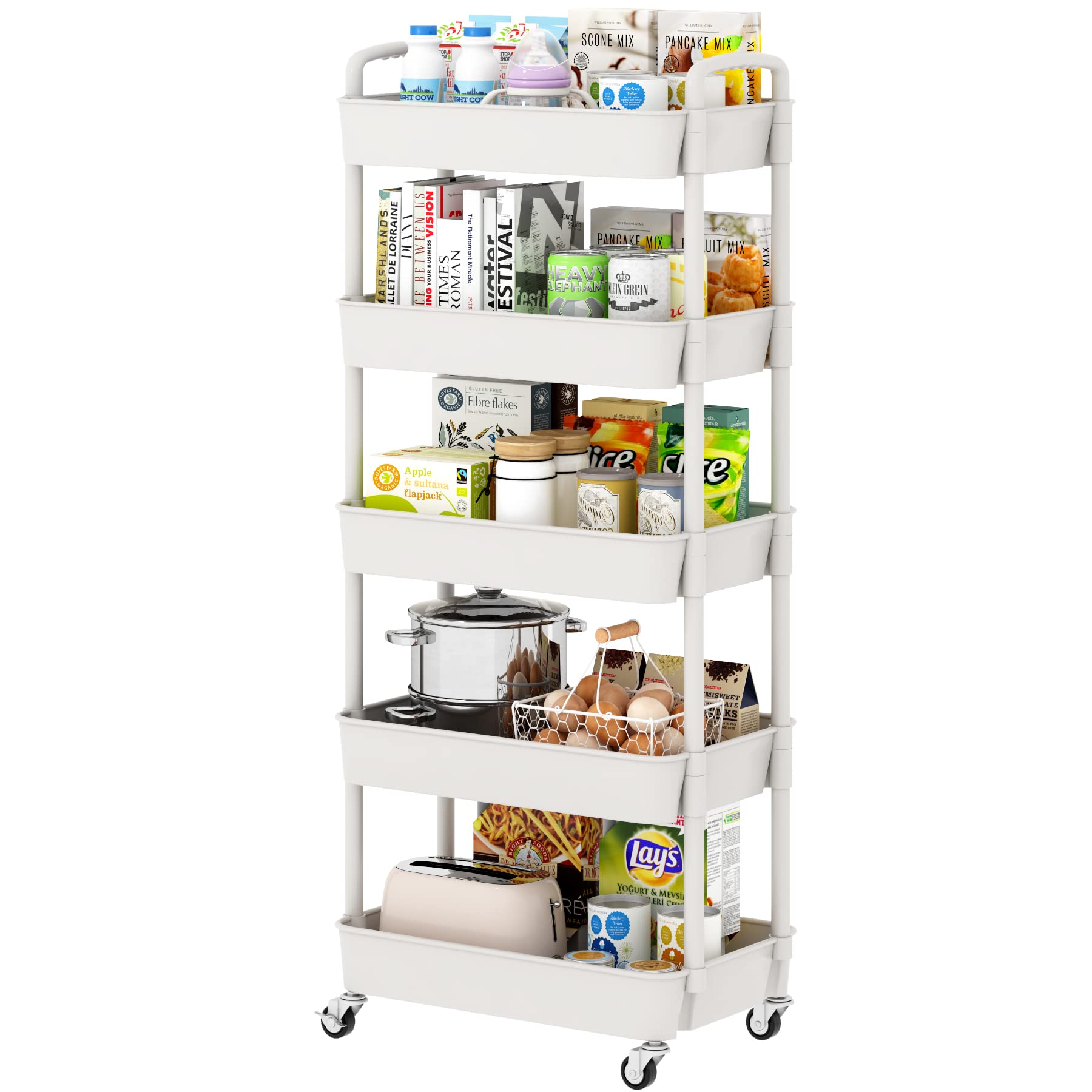 Sywhitta 5-Tier Plastic Rolling Utility Cart with Handle, Multi ...