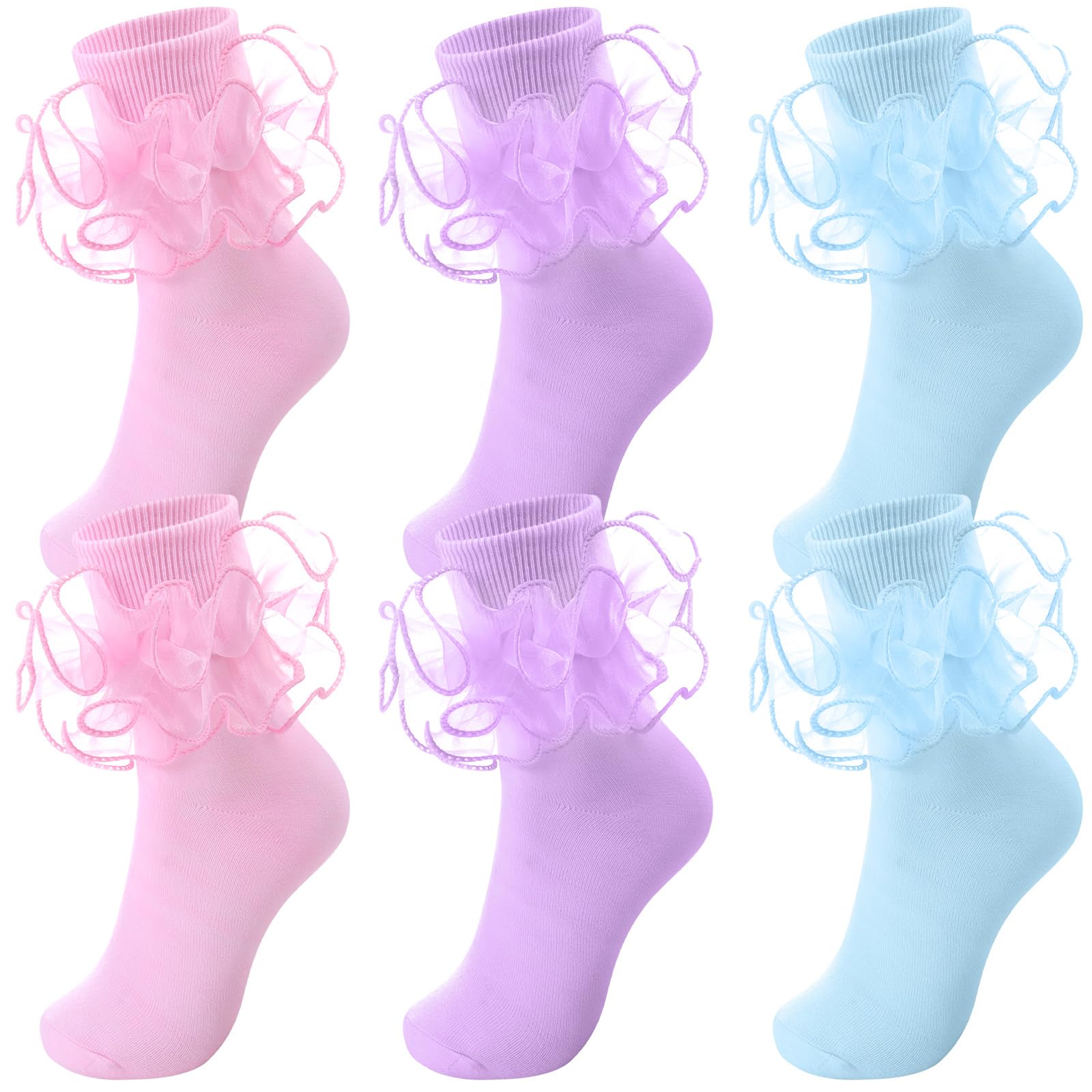 Geyoga 3 Pairs Women Big Ruffle Socks Turn Cuff, Double Lace Ankle ...