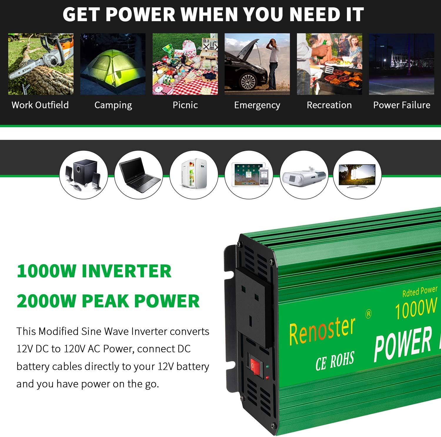 Renoster 3000W Pure Sine Wave Inverter Power Converter DC 12V to AC ...