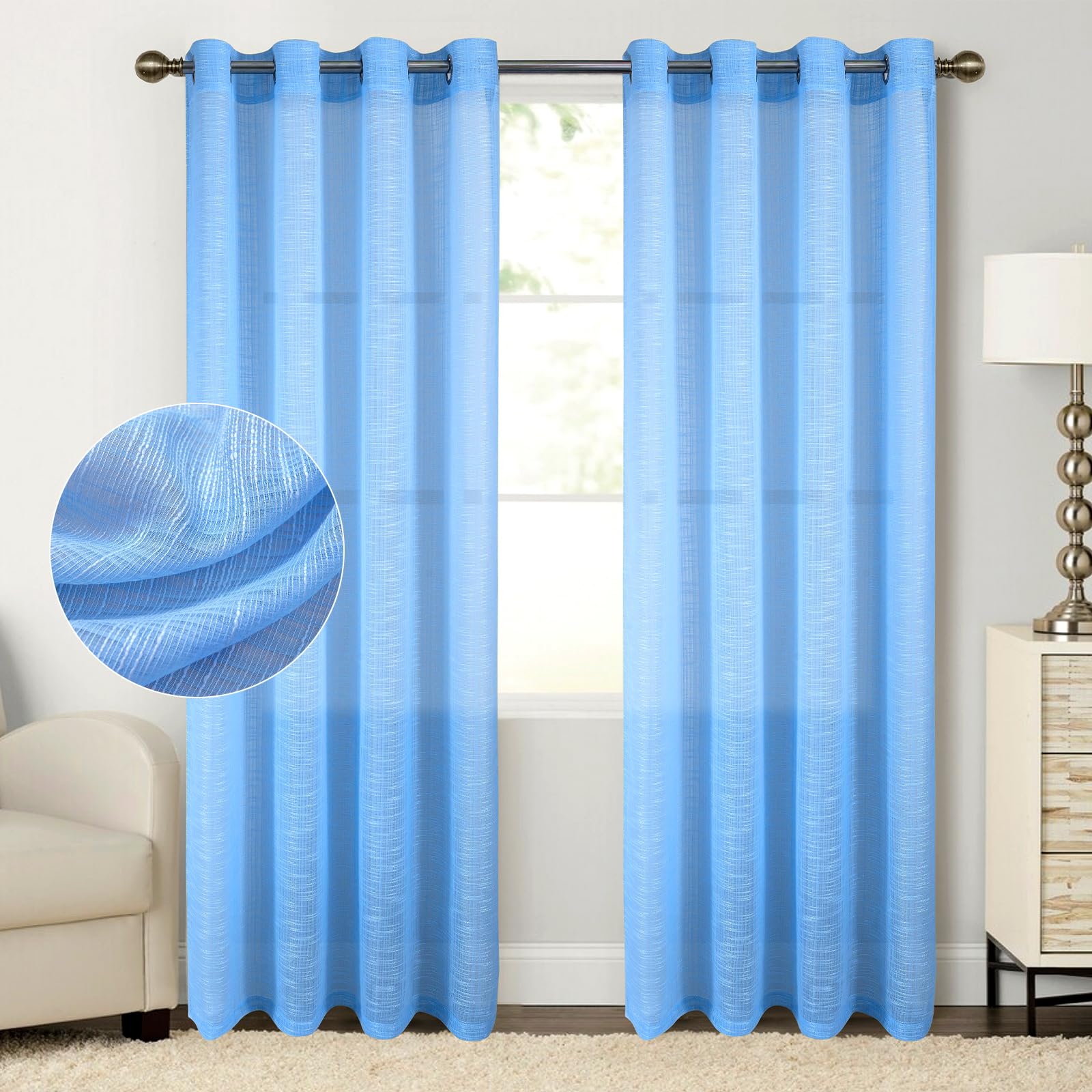 Tony's collection Light Blue Sheer Curtains 63 Inch Length Faux Linen Textured Grommet Top ...