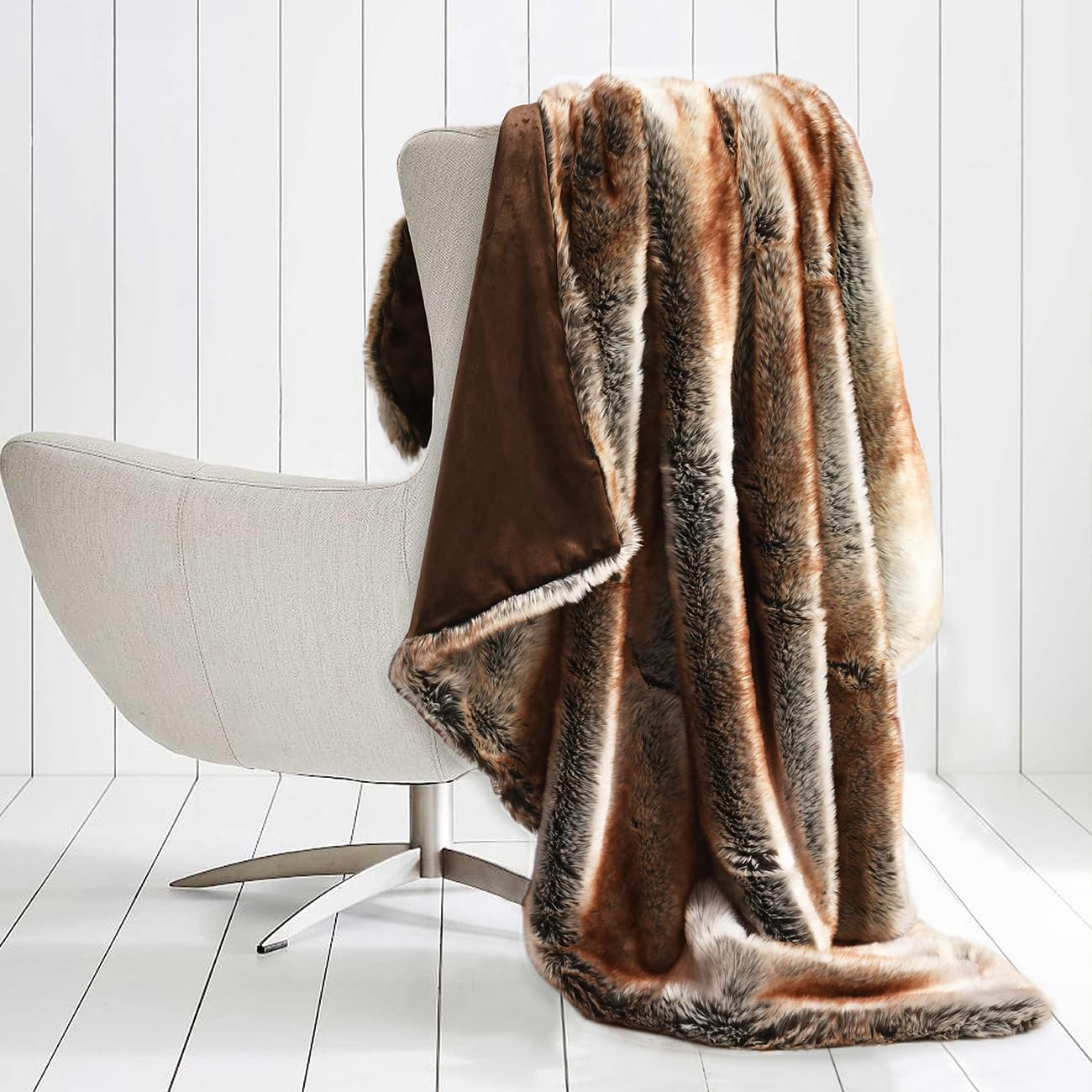HORIMOTE HOME Luxury Plush Faux Fur Throw Blanket, Long Pile Brown with White Tipped Blanket ...