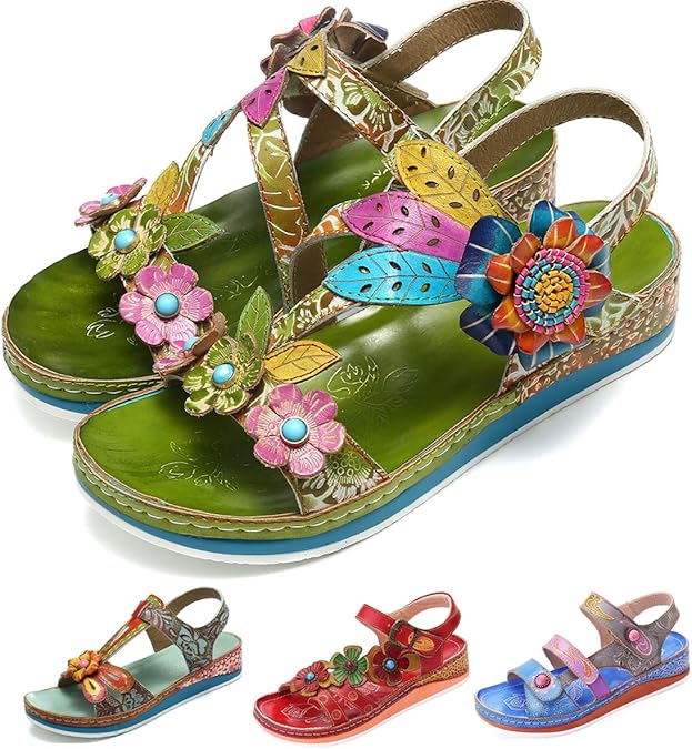 Camfosy Sandales Cuir Femmes Plates,Chaussures de Ville Marche Été ...