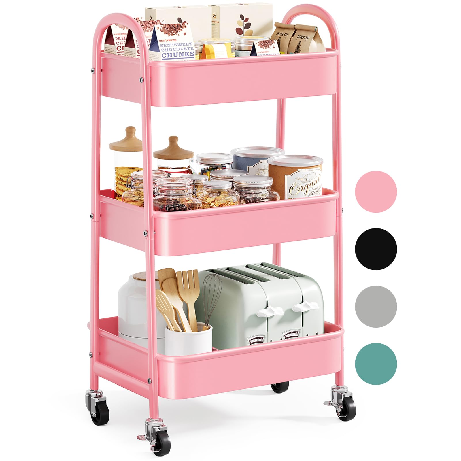 3 Tier Rolling Cart Metal with Wheels, Pink Three Tiered Craft and Art ...