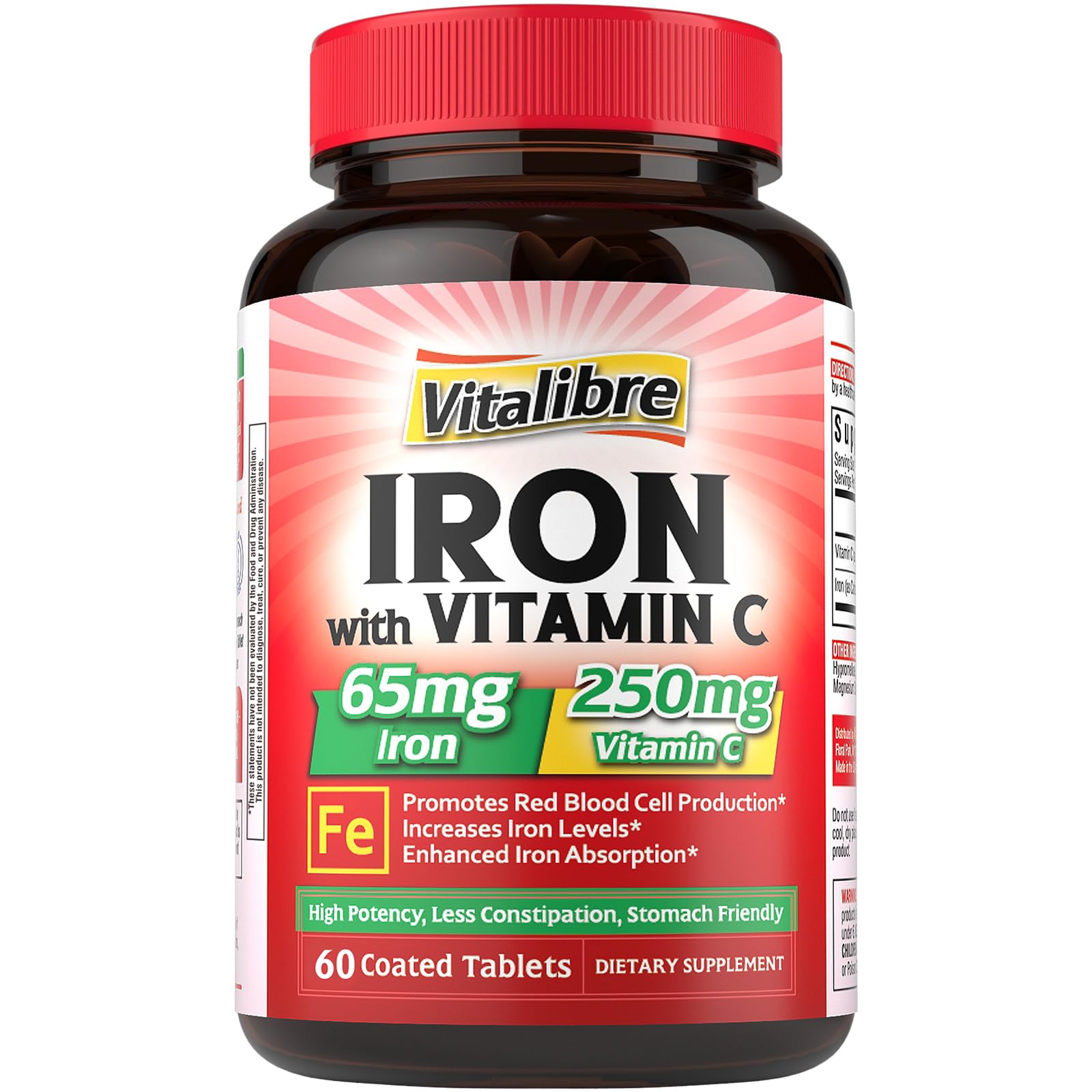 Iron Supplement, 65mg Carbonyl Iron with 250mg Vitamin C, Stomach ...
