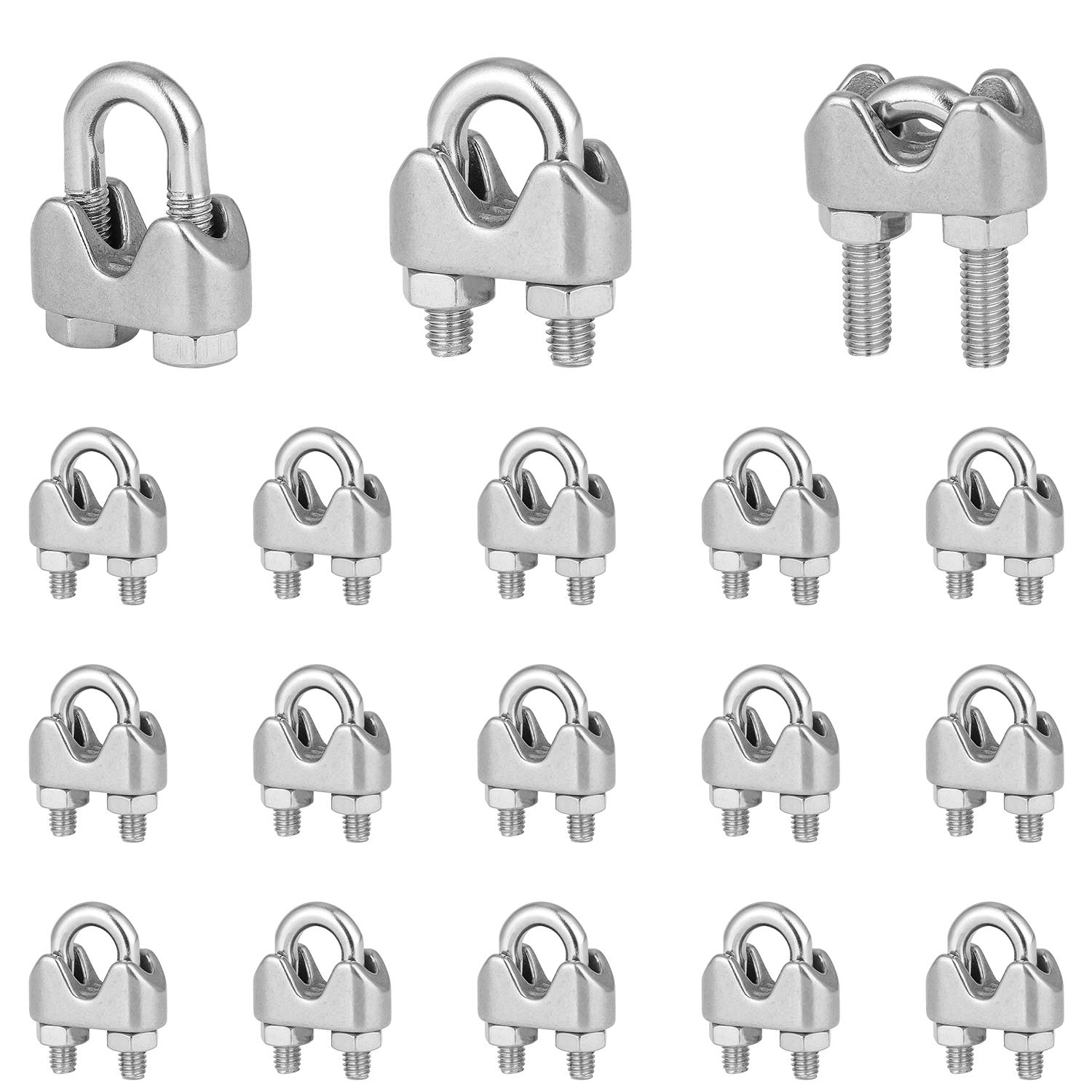 AusseL 18PCS 304 Stainless Steel Wire Rope Clamps, M5 U Shape Wire Rope ...