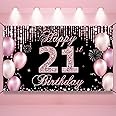 Amazon.com : HTDZZI 21st Birthday Decorations for Her, Happy 21st Birthday Banner Backdrop, Pink ...