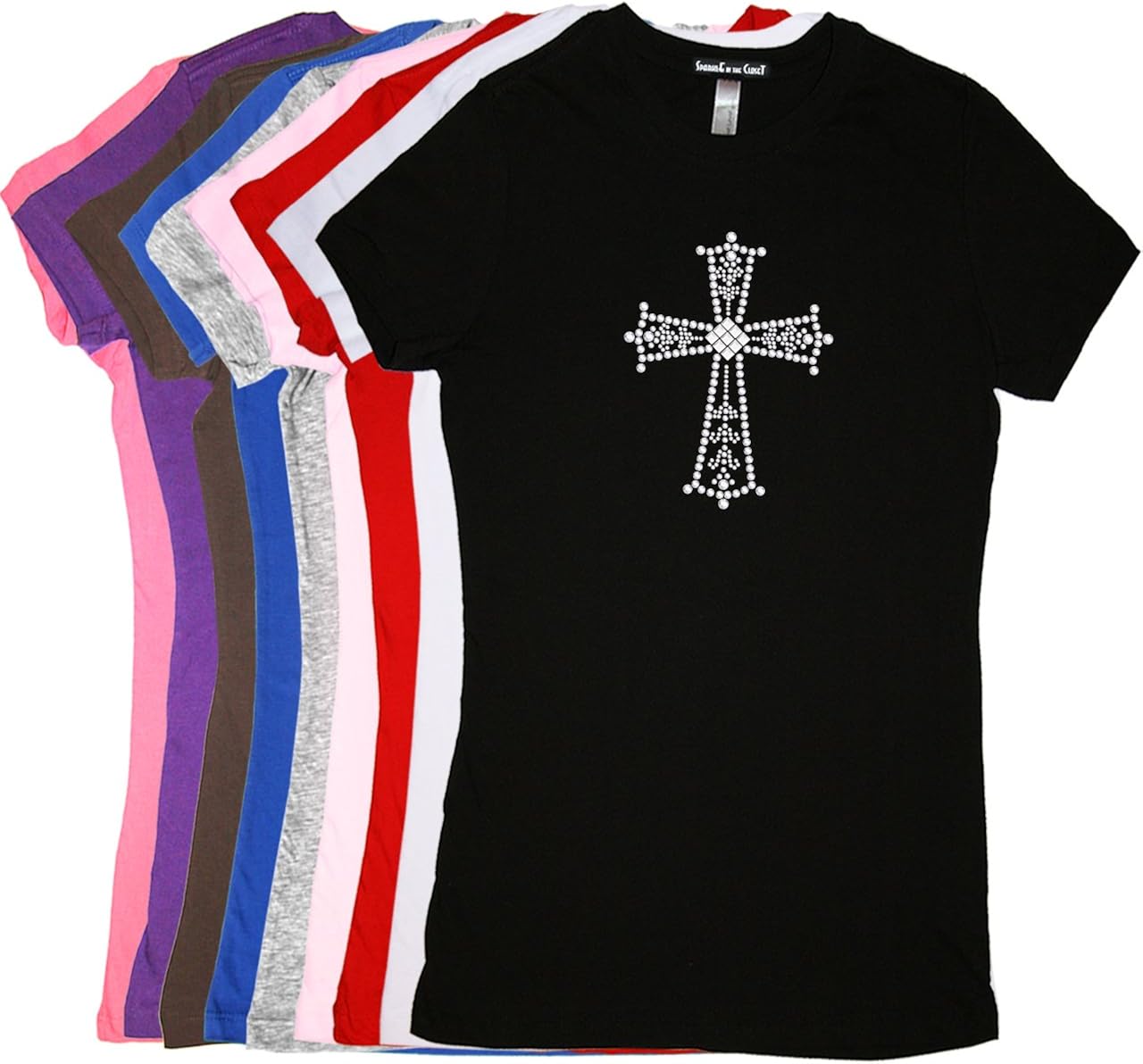 Cross (Silver) - Rhinestone Ladies T-Shirt at Amazon Women’s Clothing store