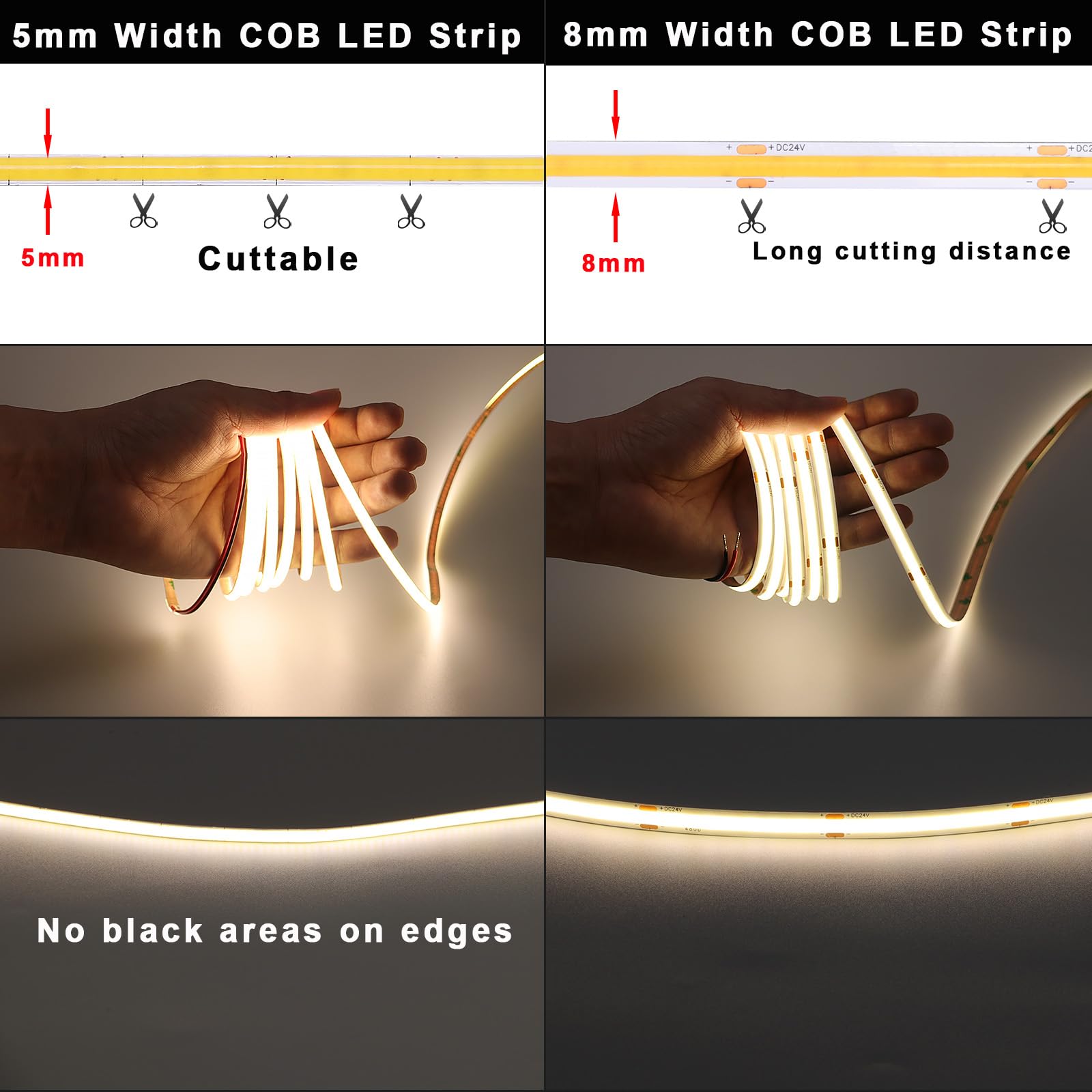 TOPAI 12V Thin 5mm COB LED Strip Waterproof 4000K Natural White 16.4ft Bright CRI>90 Uniform ...