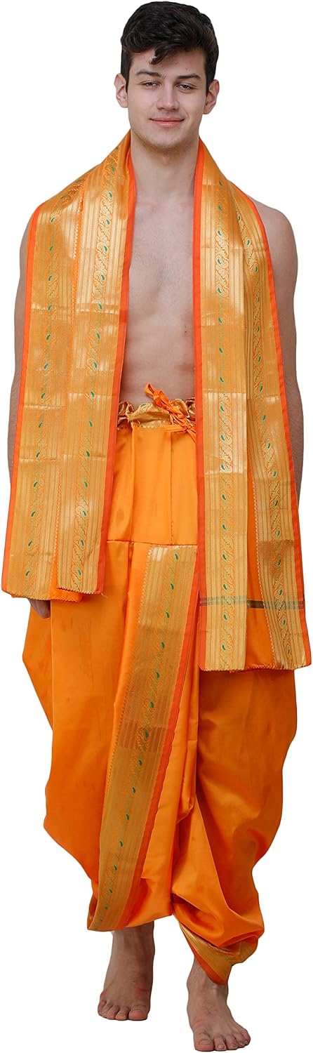 Exotic India Ready to Wear Dhoti and Angavastram Set with Meenakari ...