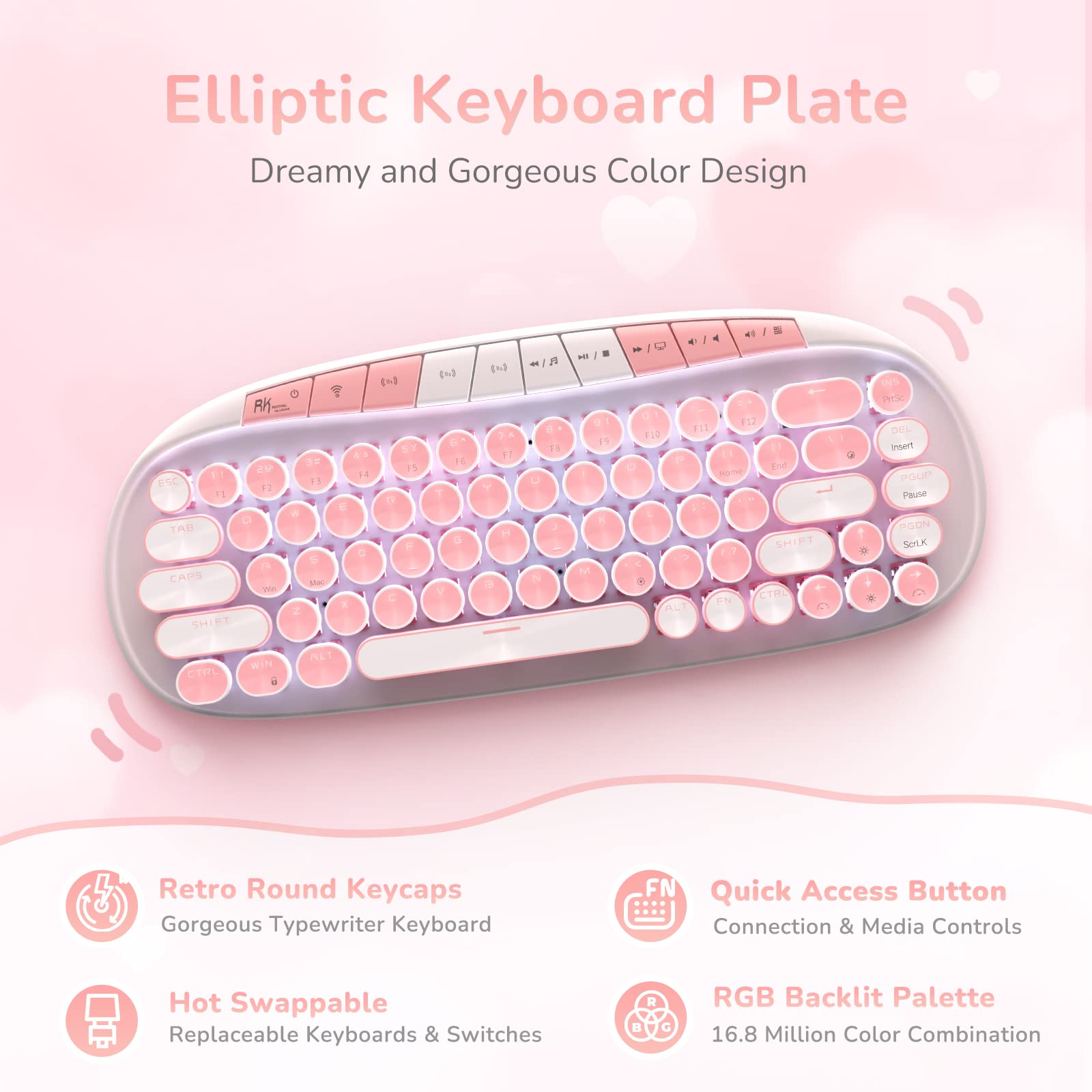 Mua RK ROYAL KLUDGE RK838 Pink Wireless Keyboard, Retro Typewriter ...