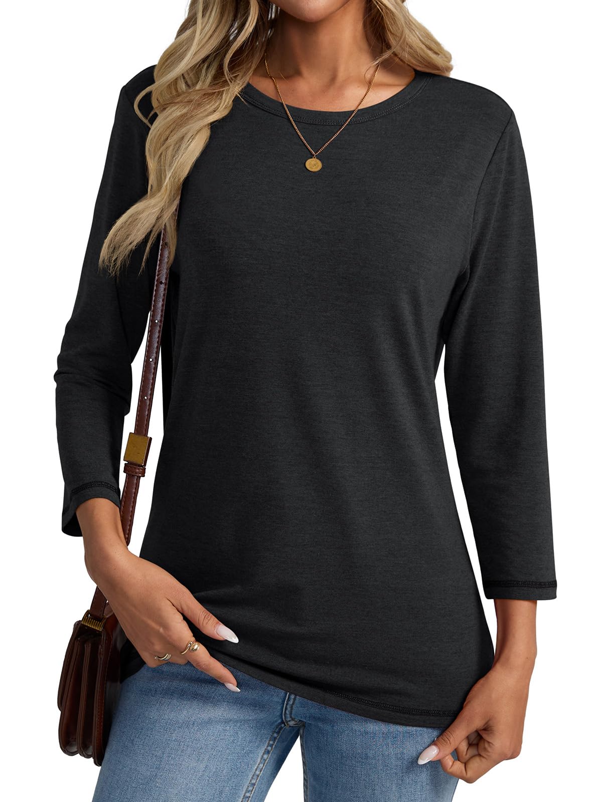 Womens Tops 3/4 Sleeve Shirts Basic Tee Casual Loose Fit Crew Neck Fall ...