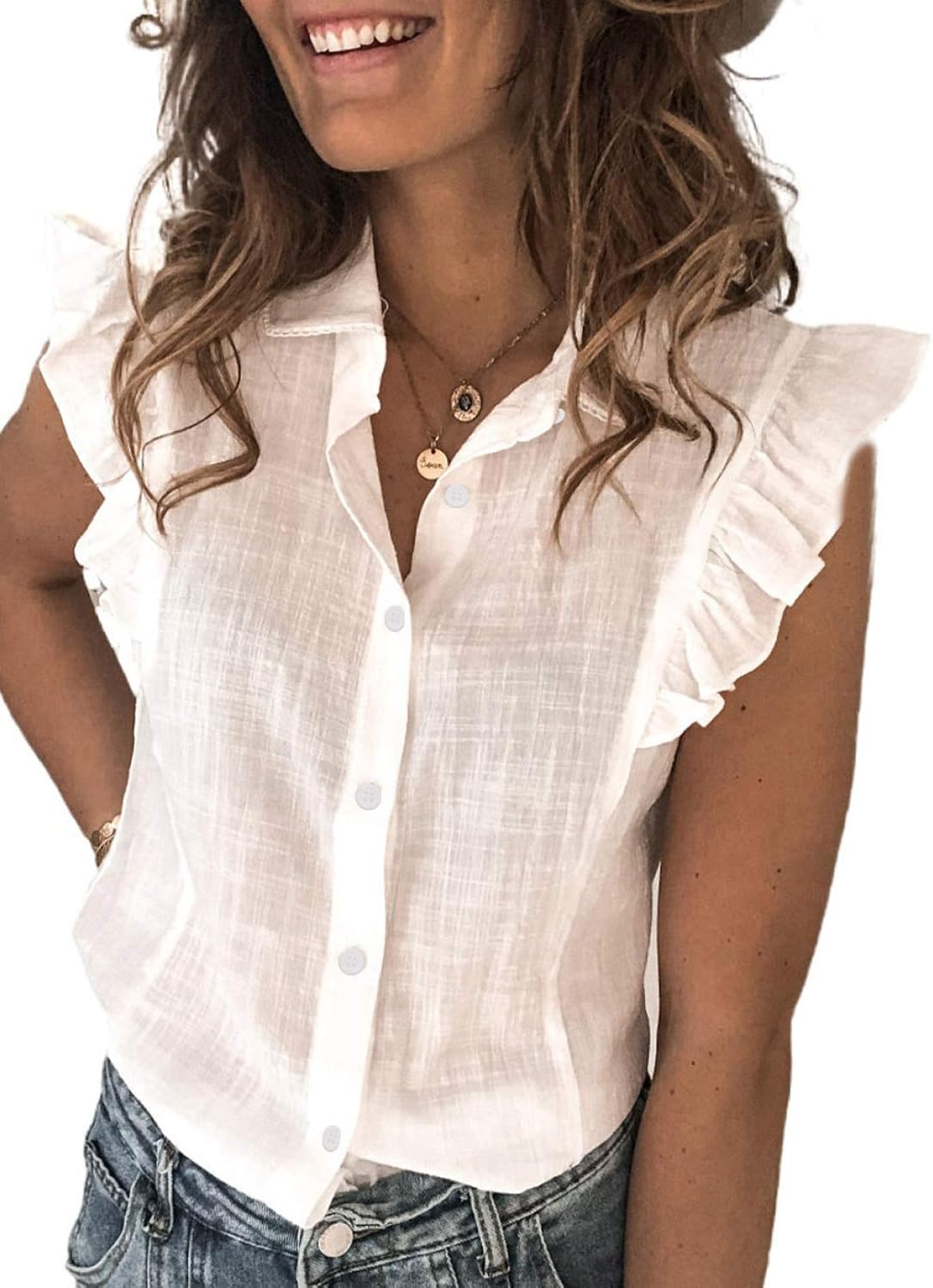 Camicette da donna casual con scollo a V e bottoni a maniche corte ...