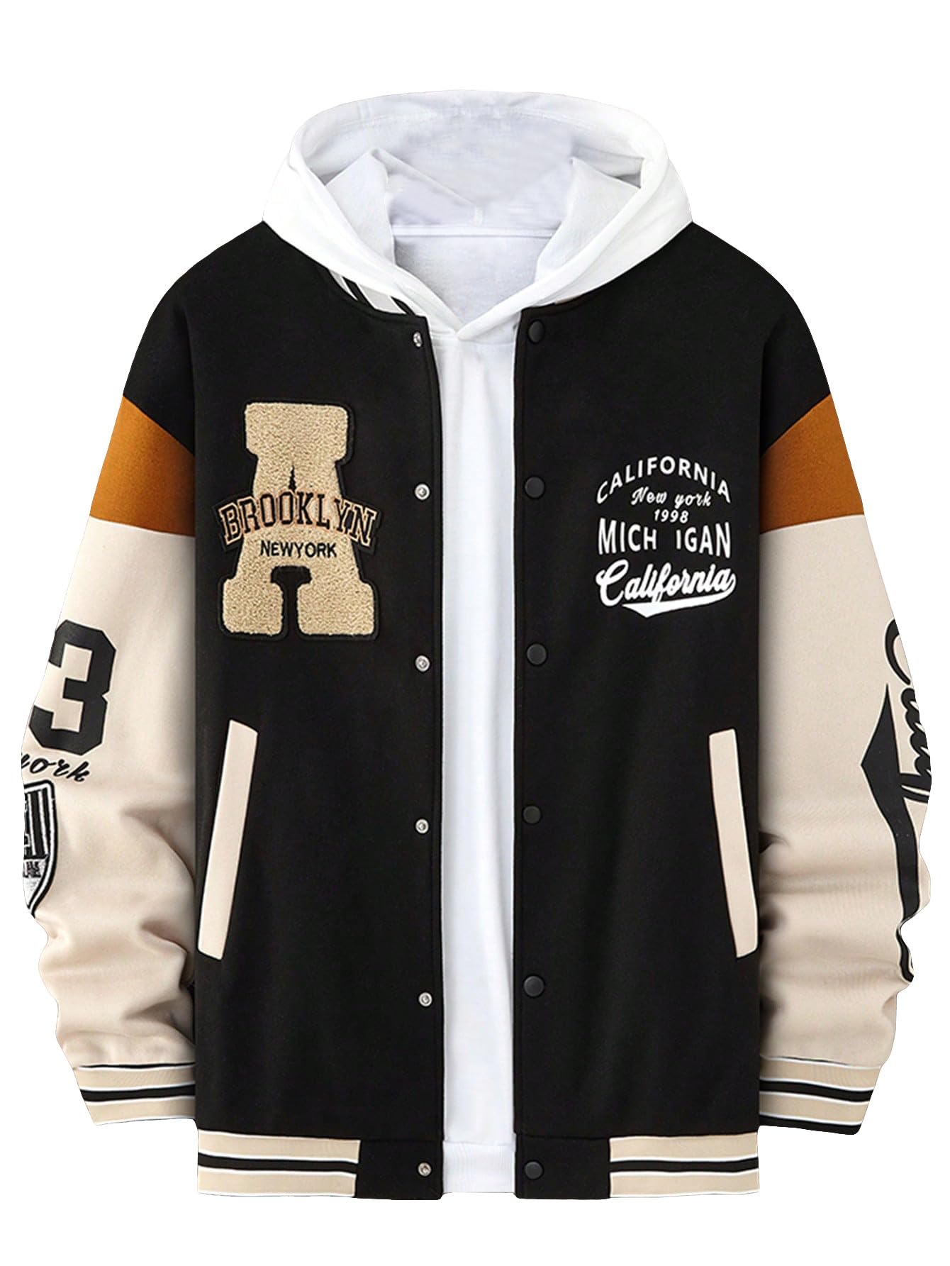 GORGLITTER Men's Letter Graphic Color Block Baseball Jacket Button ...