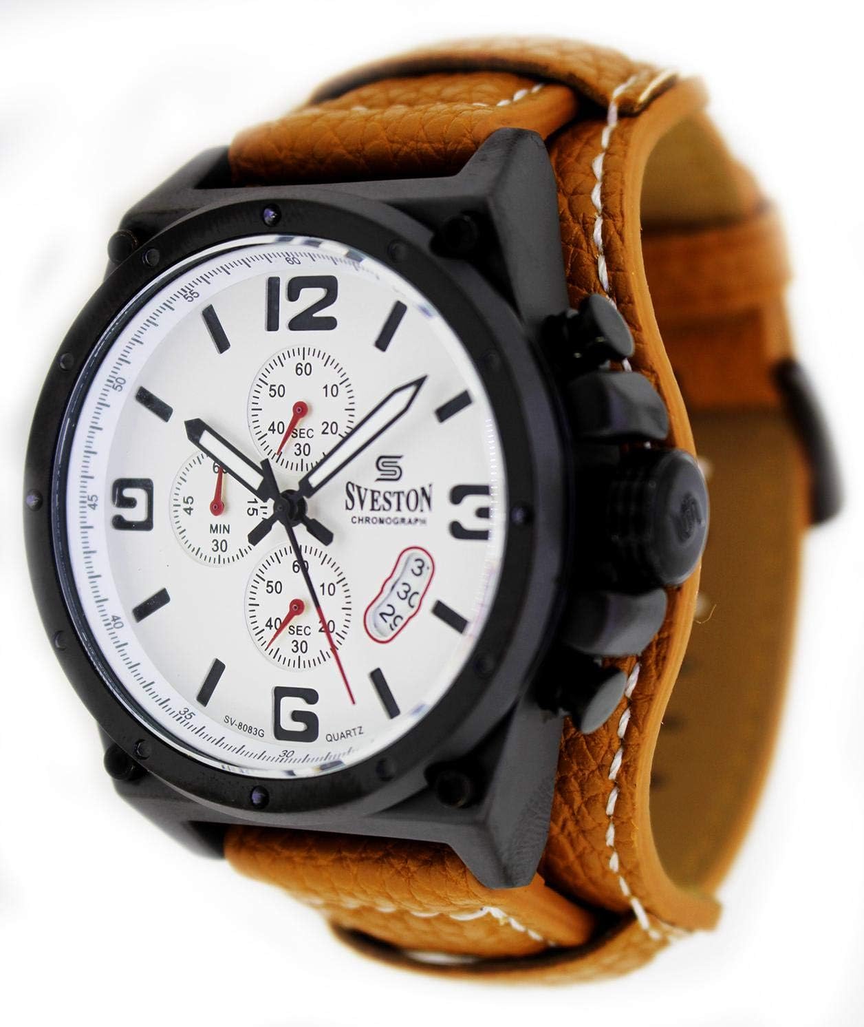 Sveston Men's Leather Band White Dial Chronograph Sport Watch - SV-8083 ...