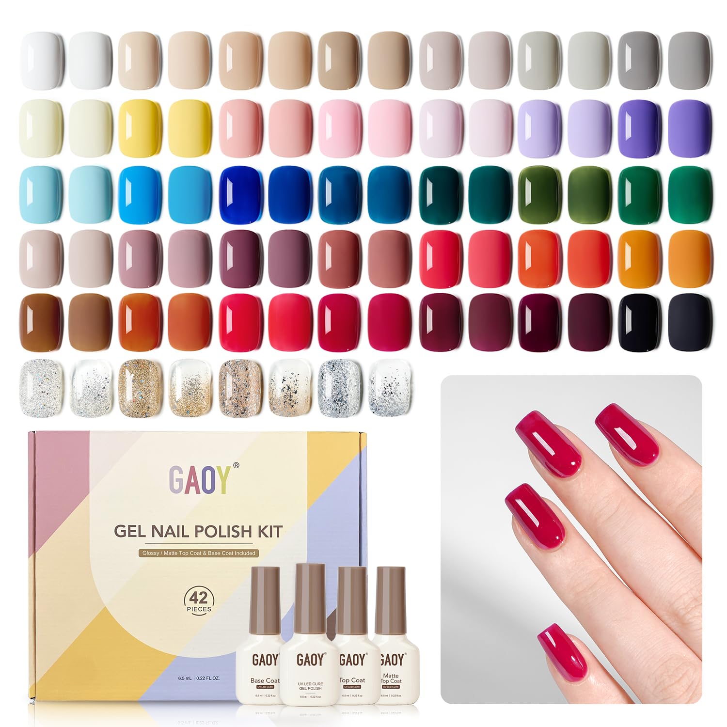 GAOY 42 Pcs Gel Nail Polish Kit, White Pink Blue Brown Glitter Colors ...