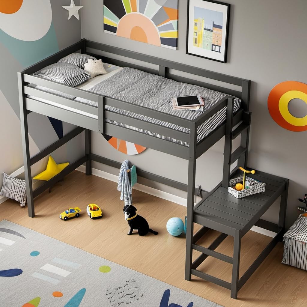 PVWIIK Twin Size High Loft Bed with Ladder for Kids Bedroom,Wood Loft ...
