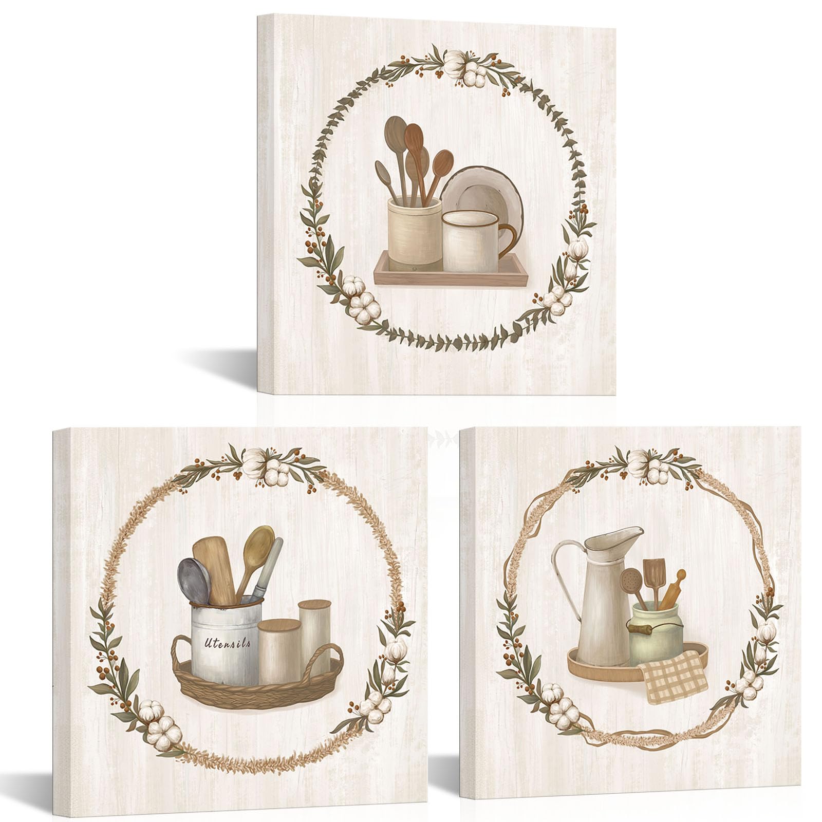 OuElegent Kitchen Canvas Wall Art Beige Cooking Utensils Painting ...