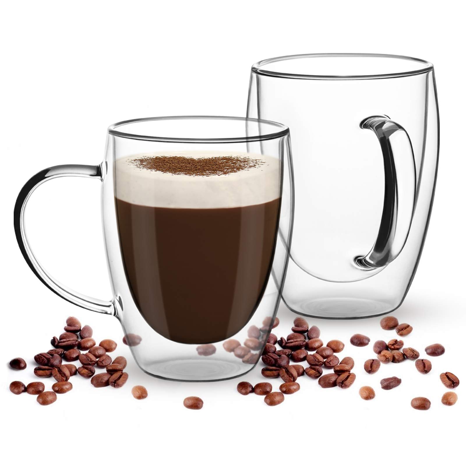 COMOOO 12oz Set of 2 Double Wall Glass Coffee Mugs with Handle, Clear ...