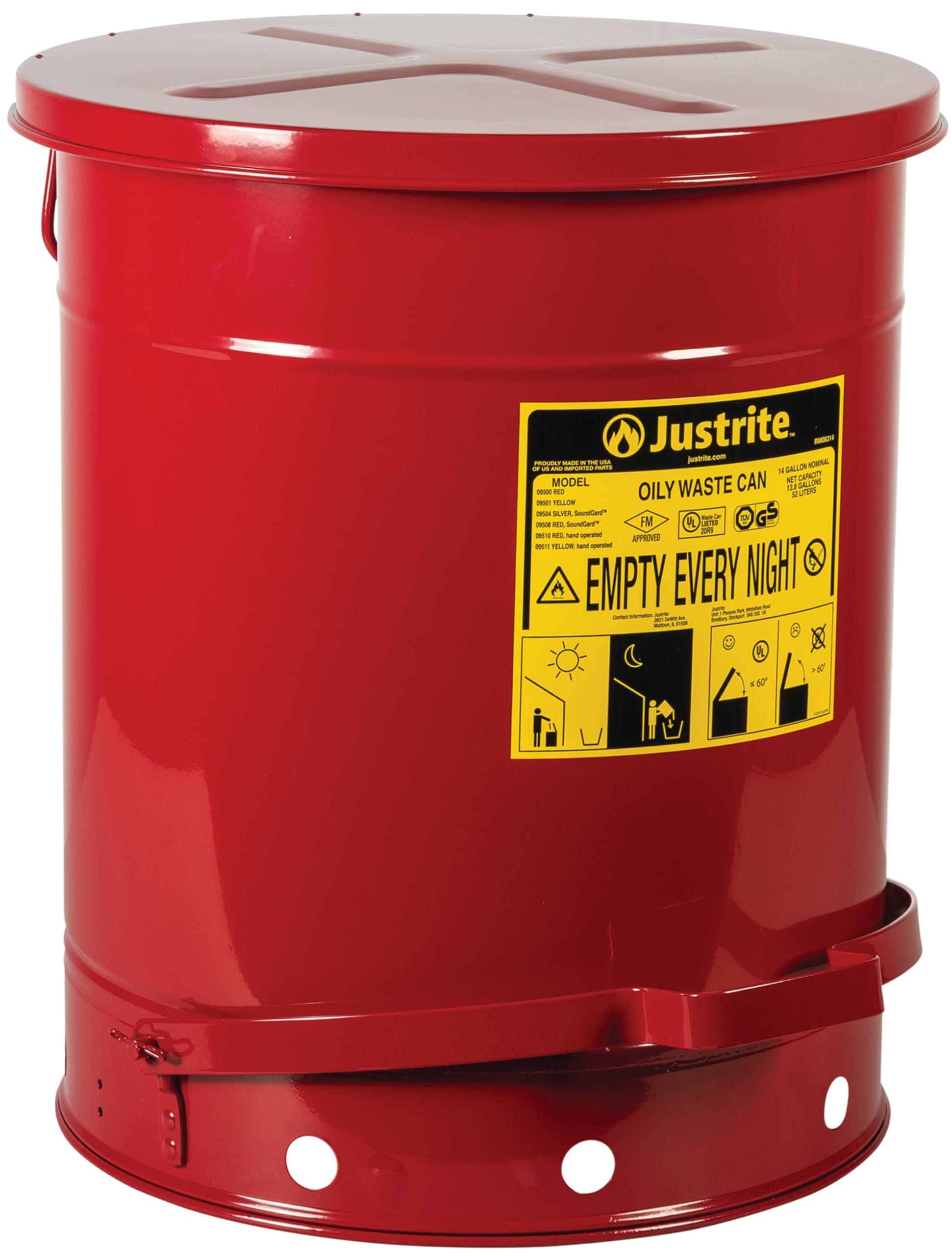 Justrite 14 Gallon Galvanized Steel Oily Waste Can, 20" x 16" Metal Oil ...