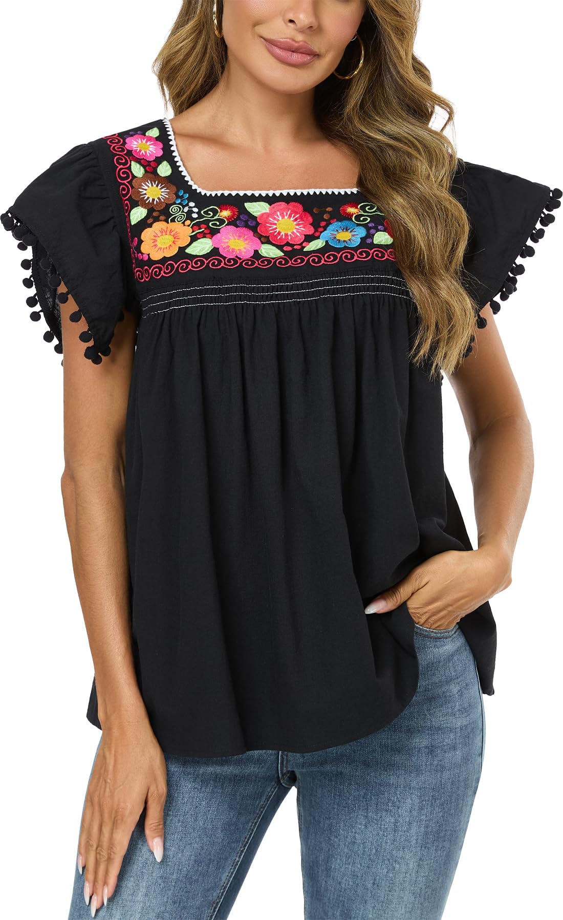Mexican Shirts for Women Embroidered Tops Peasant Blouses Floral Ruffle ...
