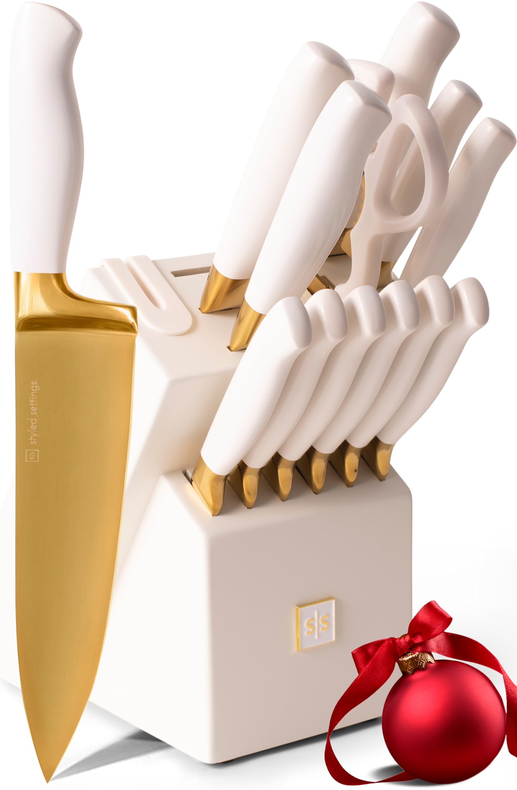 Gold Knife Set with Block Self Sharpening - 14 PC Luxurious Titanium ...