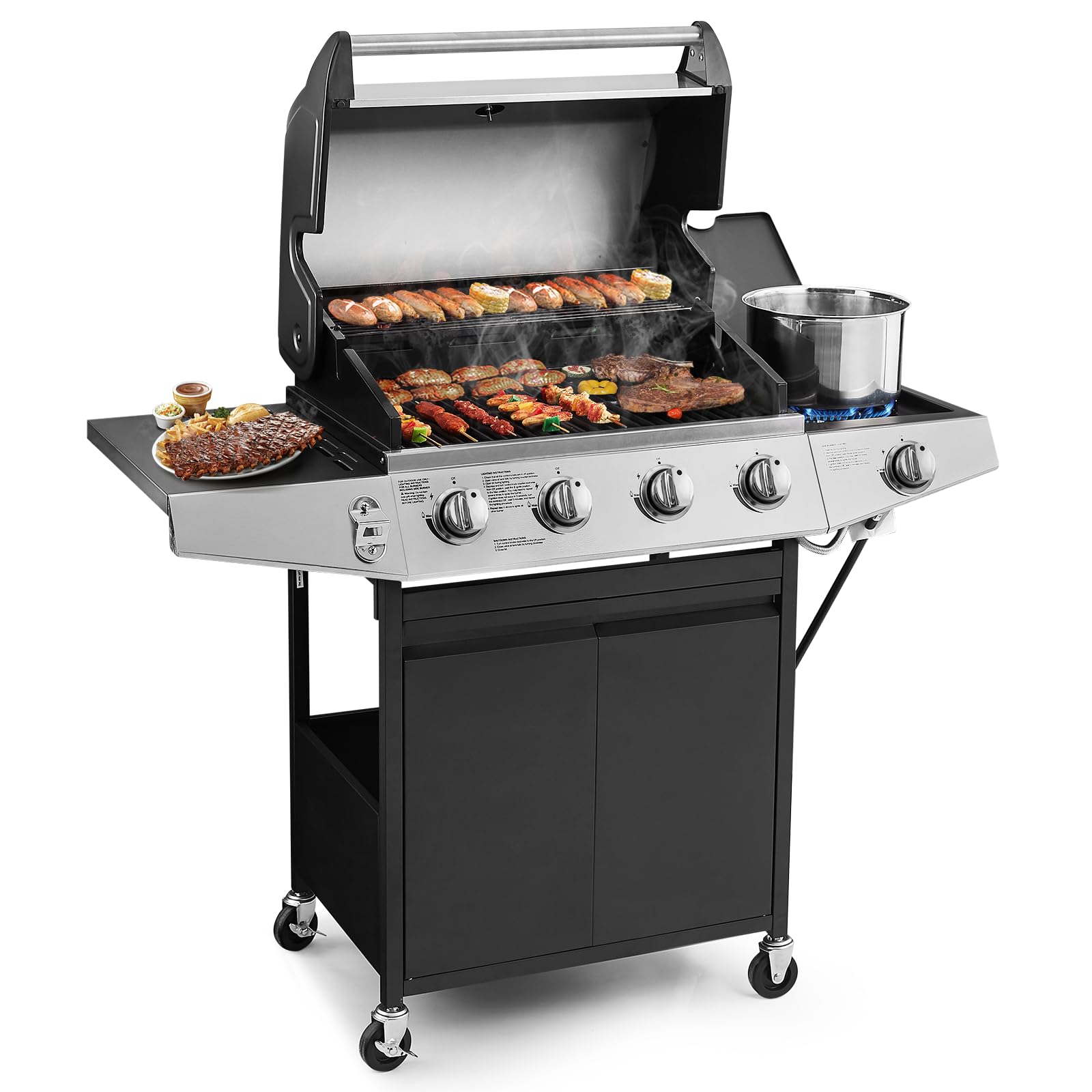 Lyromix 4 Burners Gas Grill with Side Burner, Propane Grill with Wheels ...
