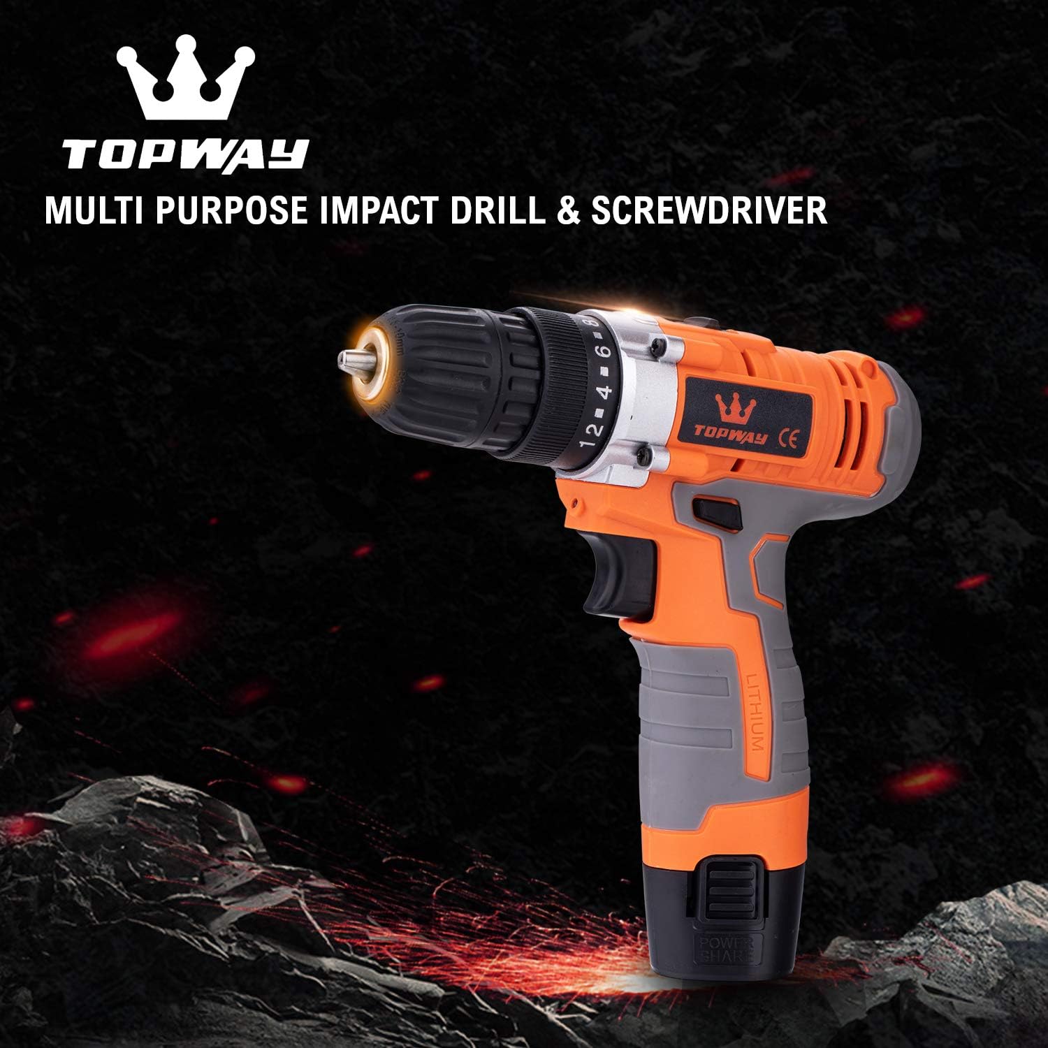 TOPWAY 12V Impact Cordless Drill Driver 10mm Keyless Chuck with 2 ...
