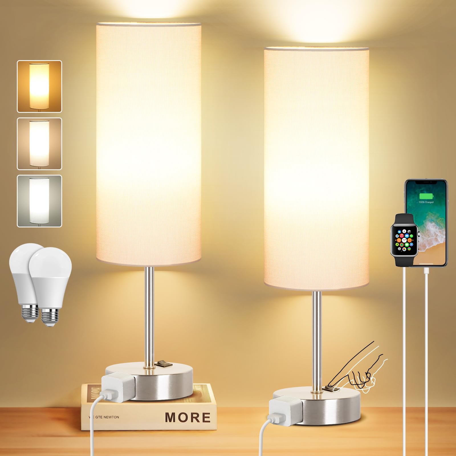 ZJOJO Table Lamp for Bedroom 2 Pack,18in Bedside Lamps with 3 Way ...