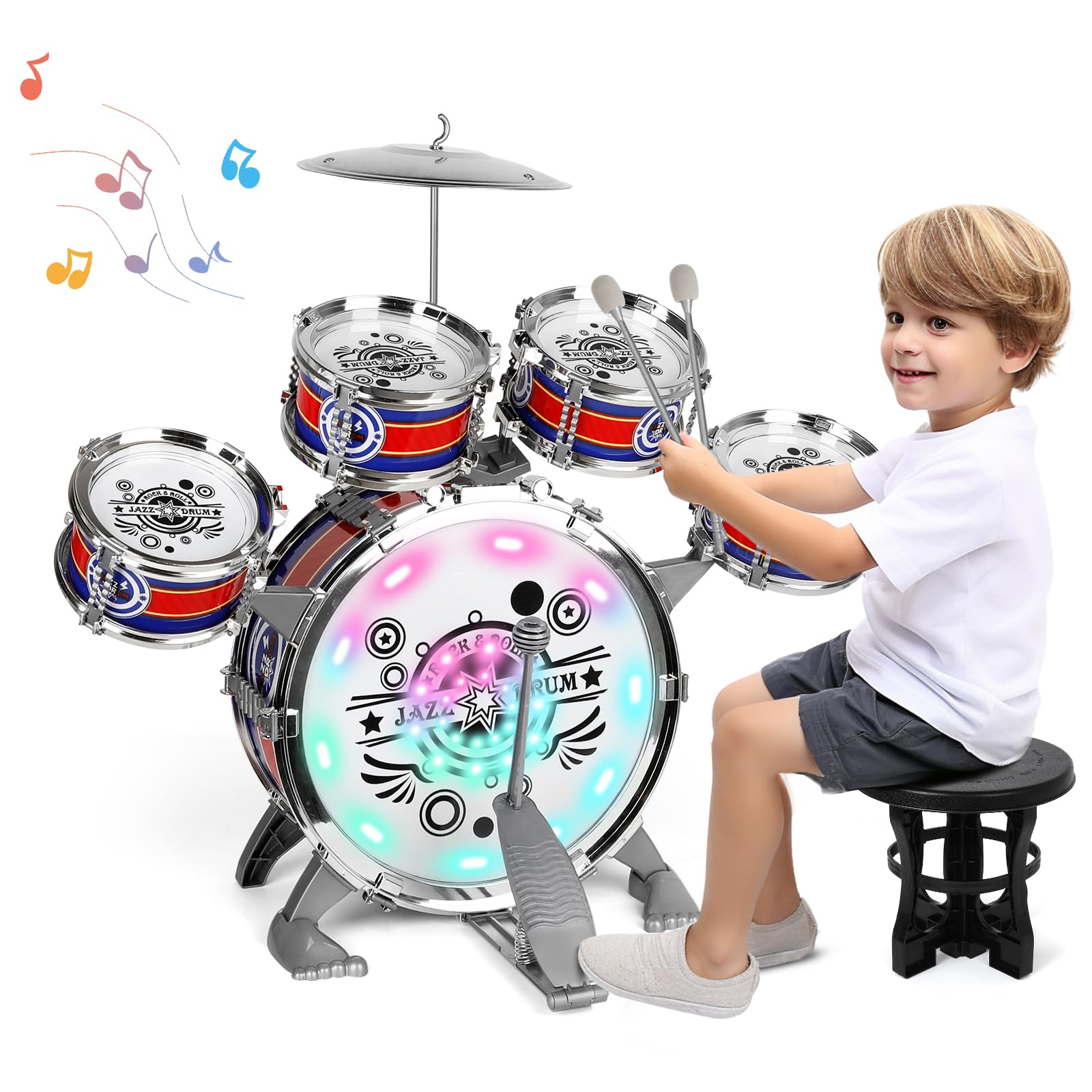 M SANMERSEN Toddler Drum Kit Kids Toy Jazz Drum Set 6 Drums with Stool ...