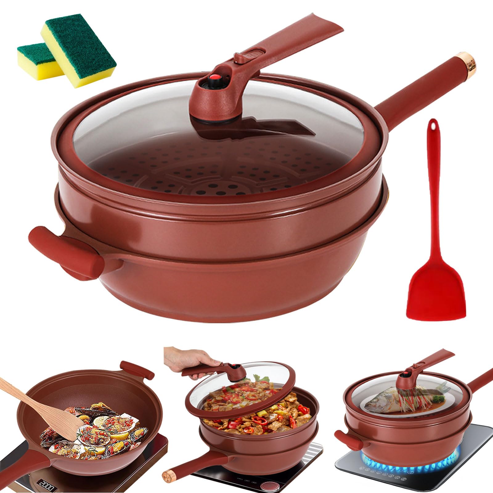 Qivine Non-Stick Clay Wok,12.6 Inch Pottery Clay Frying Pan 2 in 1 ...