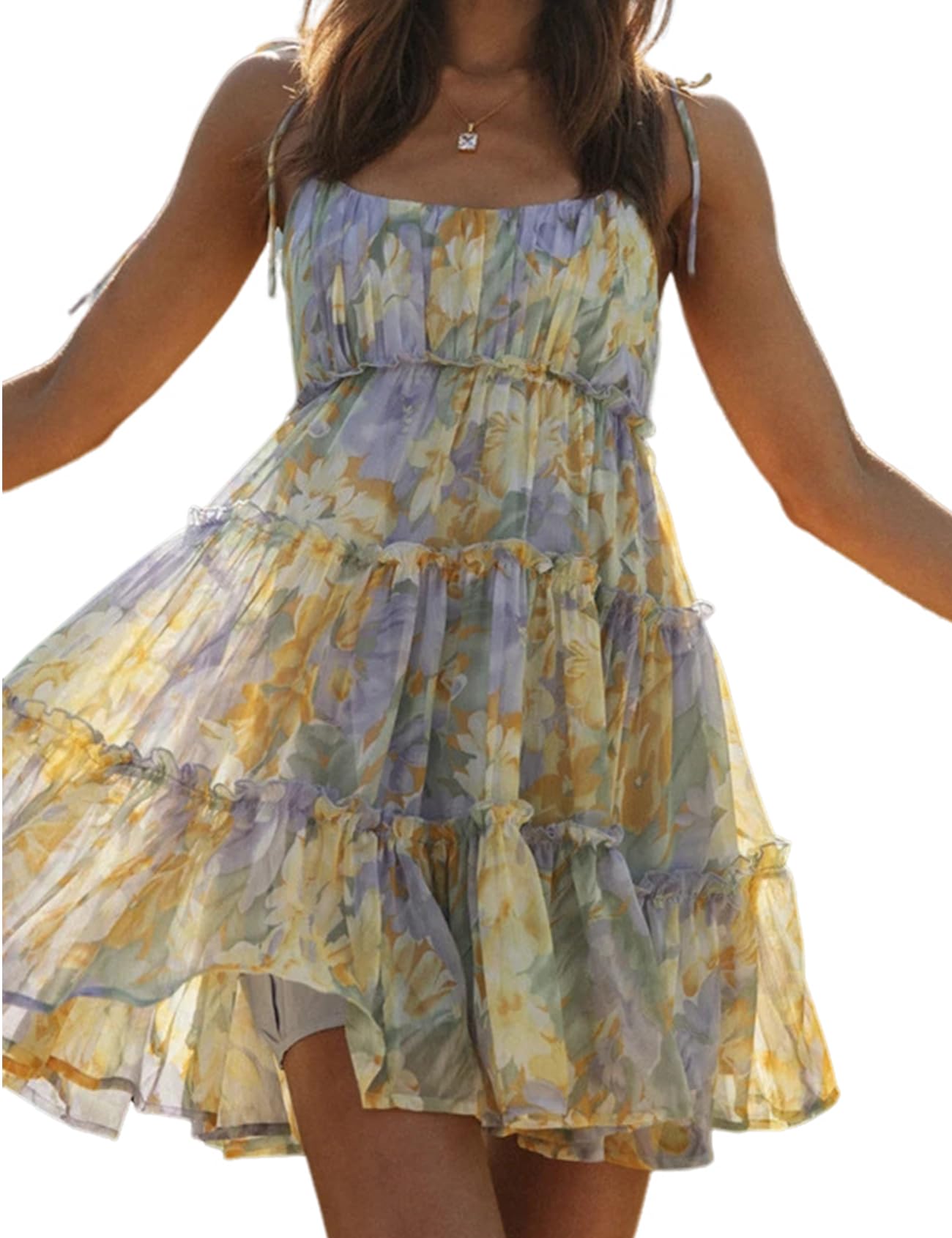 Gihuo Womens Floral Mini Dress Boho Flowy Skater Spaghetti Strap Ruffle ...