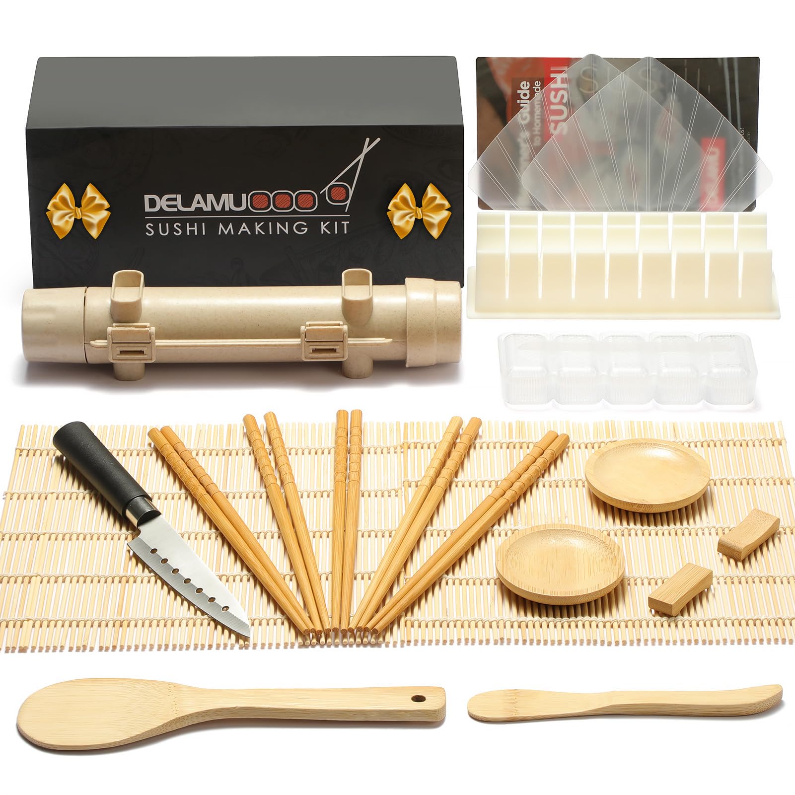 Delamu Sushi Making Kit, 20 in 1 Bazooka Roller Kit with Chef’s Knife ...